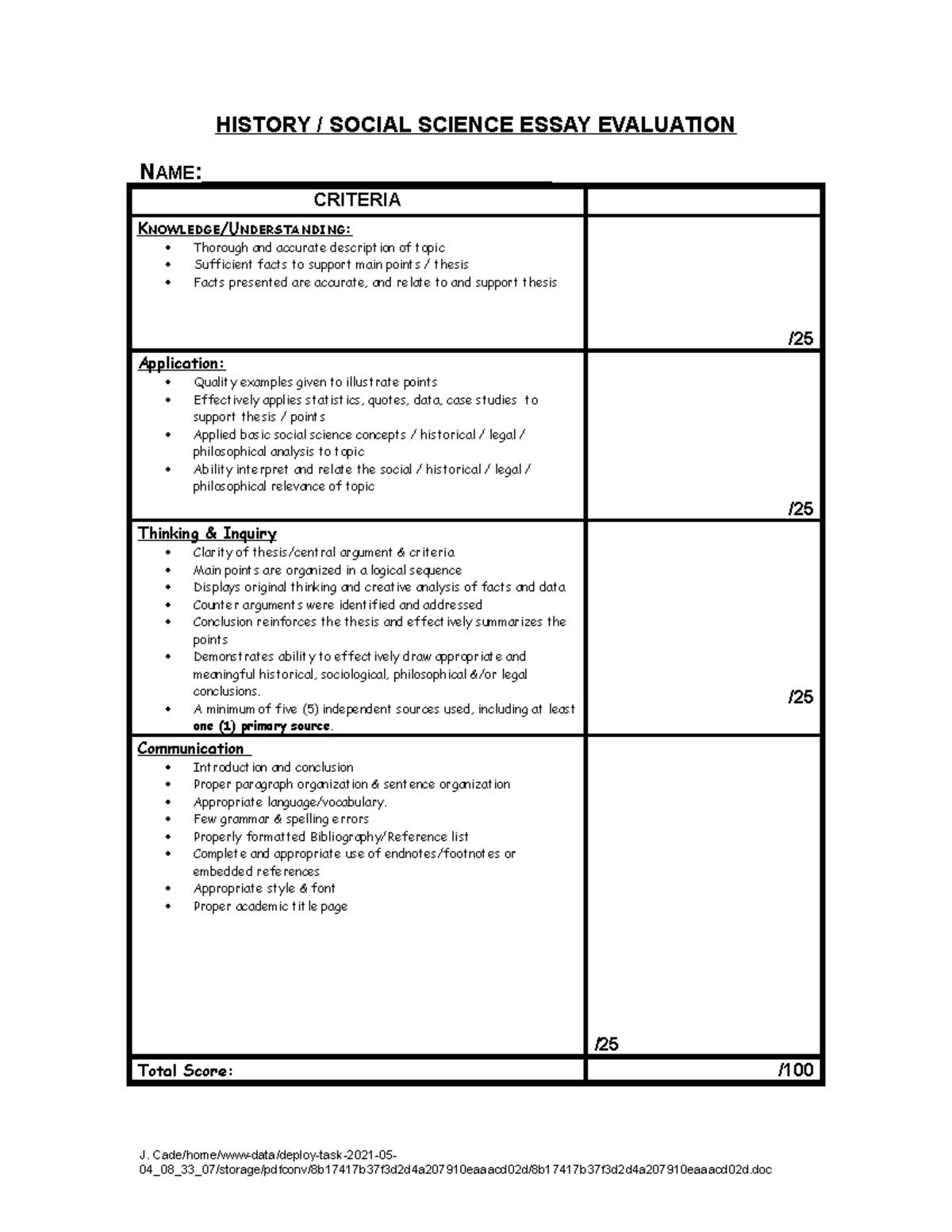 History Social Science Evaluation HISTORY SOCIAL SCIENCE ESSAY