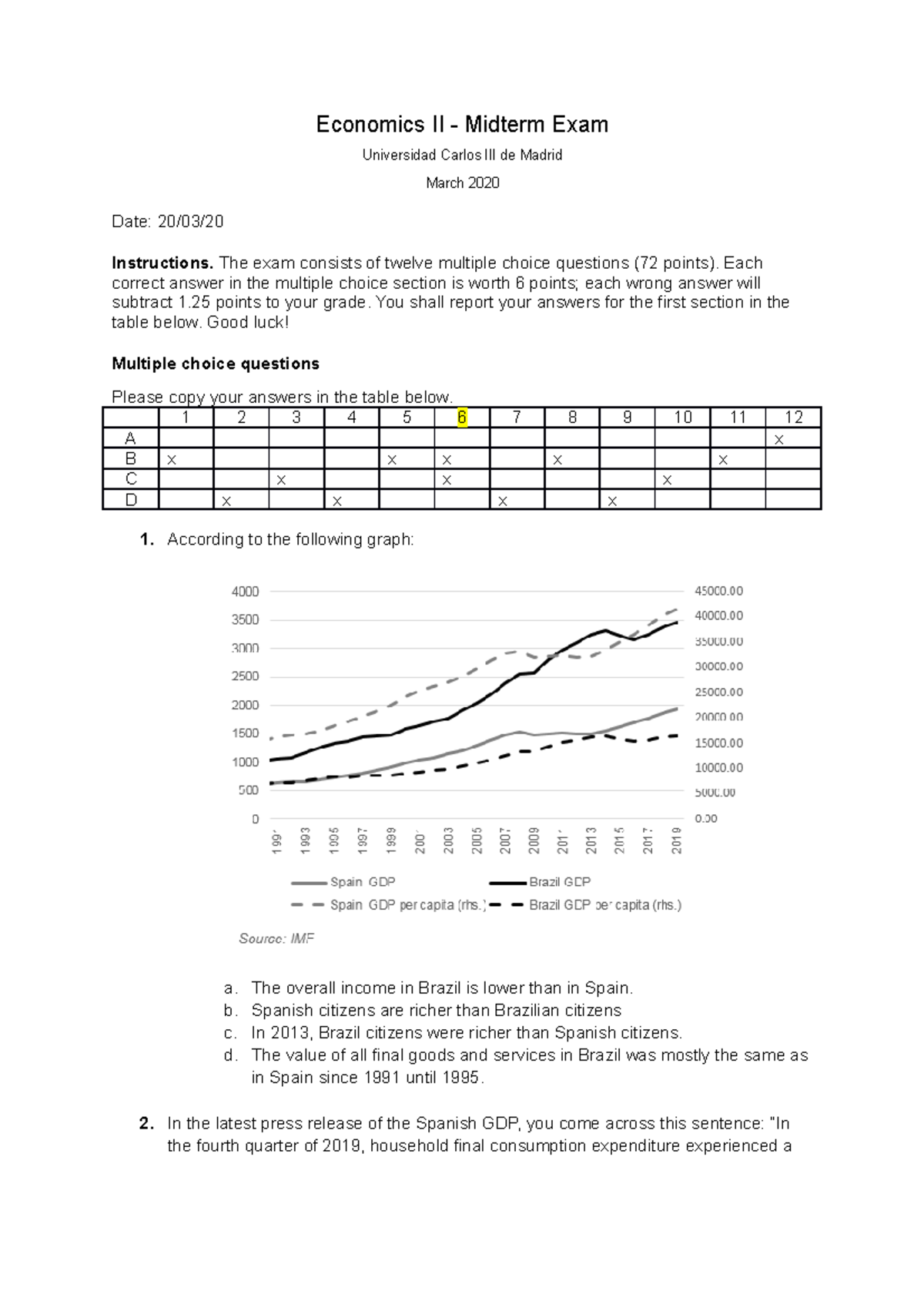Midterm exam macroeconomics - Economics II - Midterm Exam Universidad Carlos III de Madrid March ...