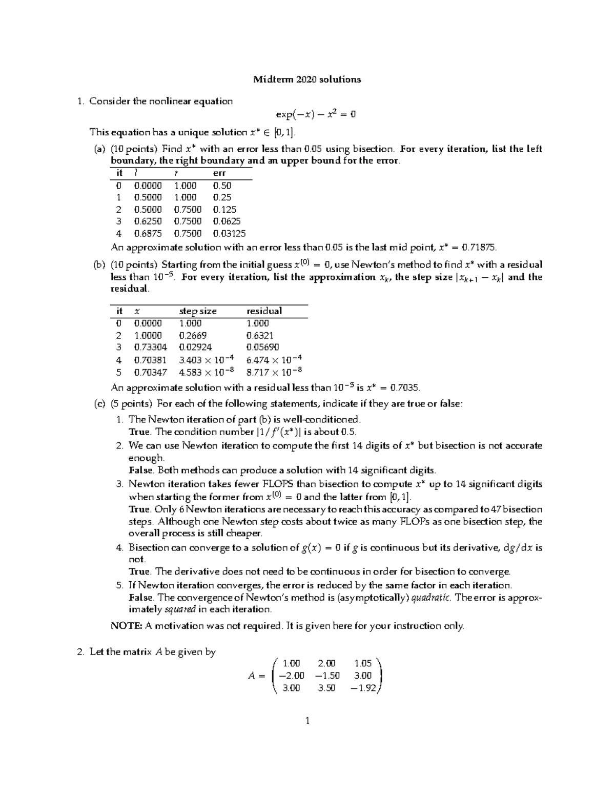 2072U MT 2020s - midterm - Midterm 2020 solutions Consider the nonlinear equation exp(−x) − x 2 ...