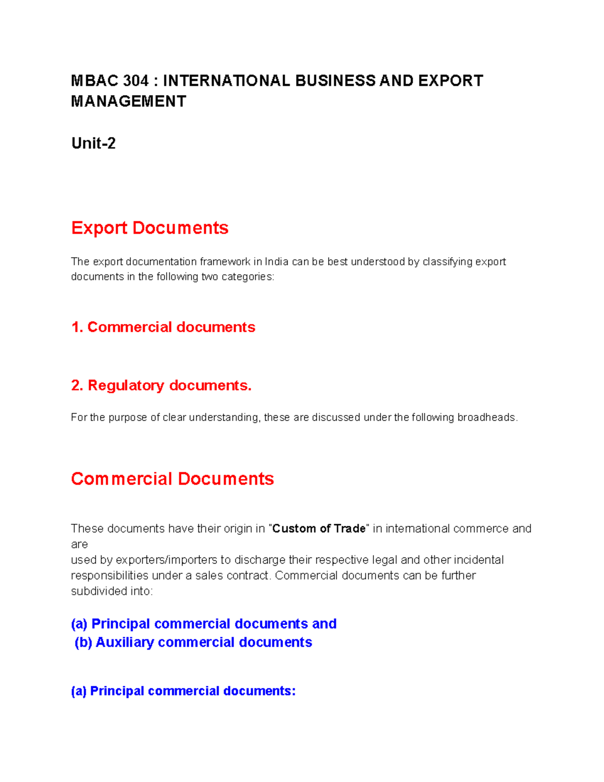 Export documents - MBAC 304 : INTERNATIONAL BUSINESS AND EXPORT ...