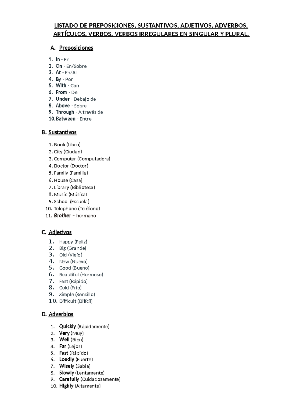 Preposiciones - Resumen Inglés I - LISTADO DE PREPOSICIONES ...