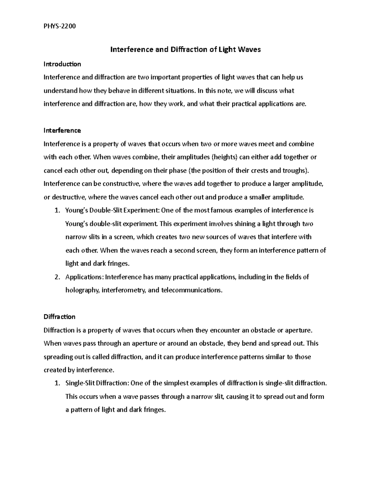 Interference and diffraction of light waves - PHYS- Interference and ...