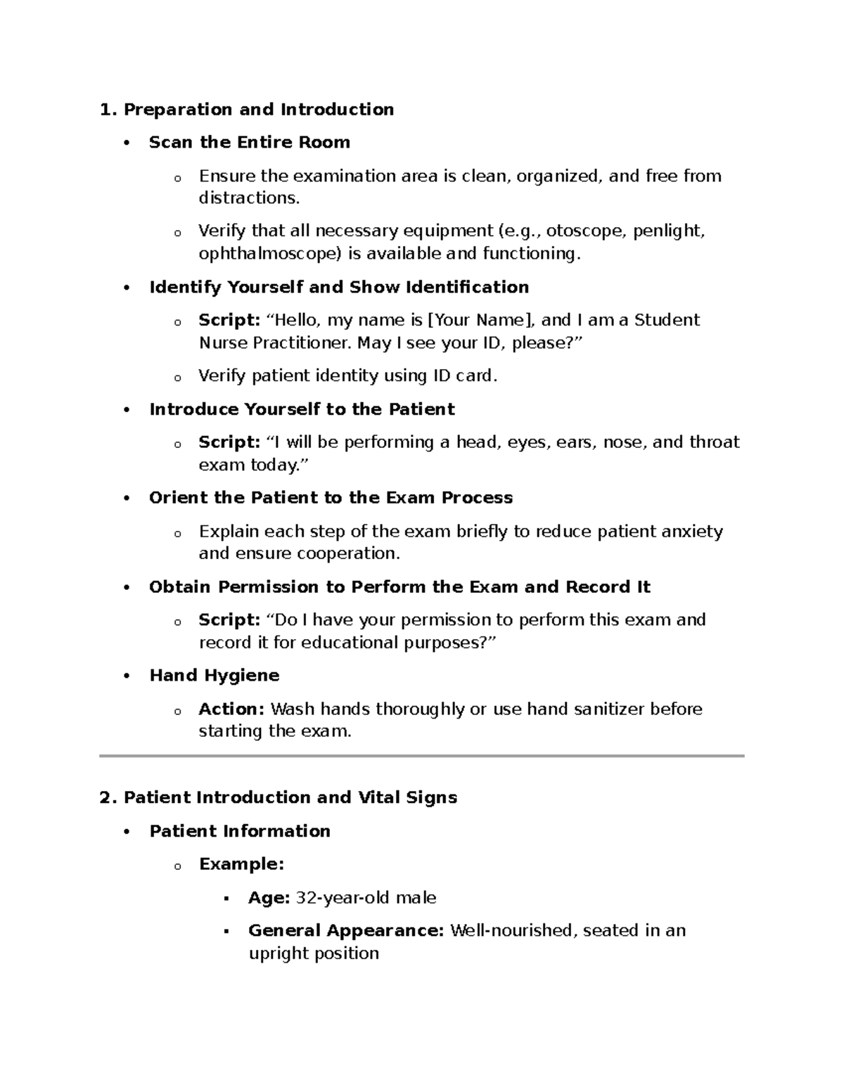 Heent - 1. Preparation and Introduction Scan the Entire Room o Ensure ...