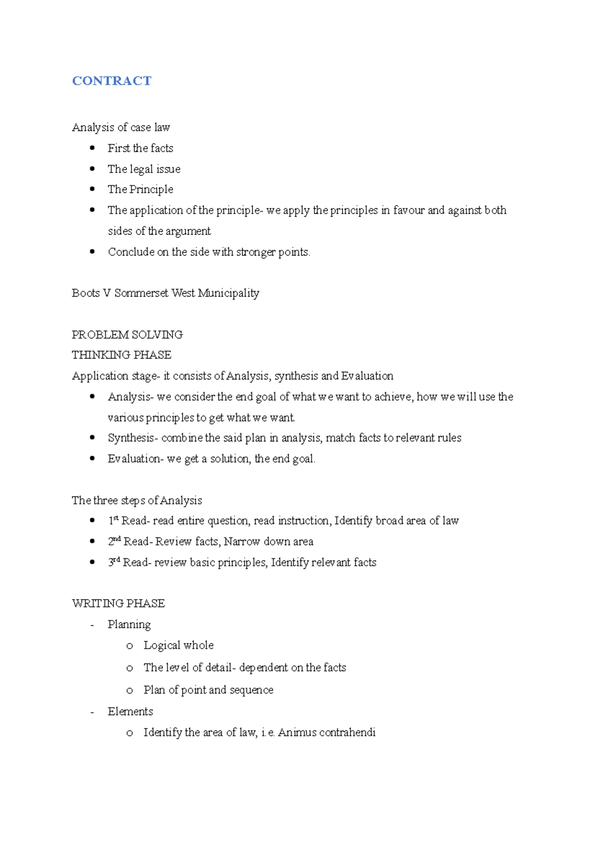 Contract Law Notes - short note - CONTRACT Analysis of case law First ...