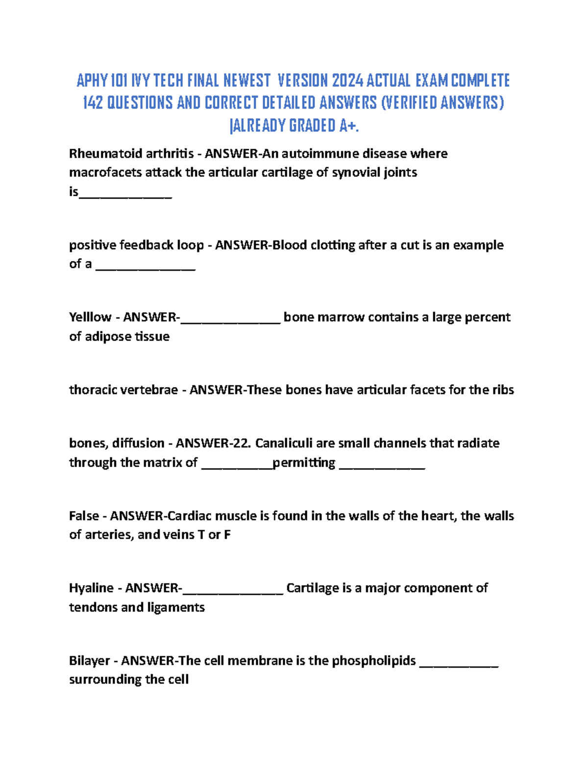 APHY 101 IVY TECH Final Newest Version 2024 Actual EXAM Complete 142 ...