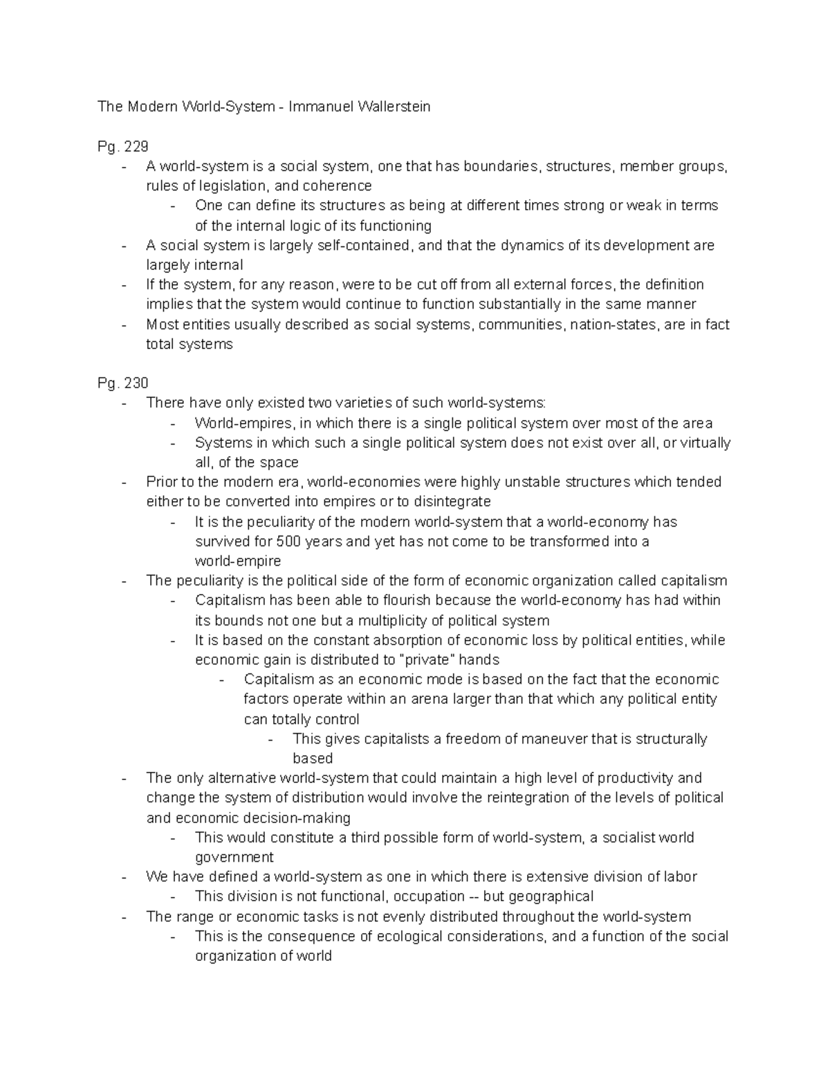 GINS 3010 - Reading Response - The Modern World-System - Immanuel ...