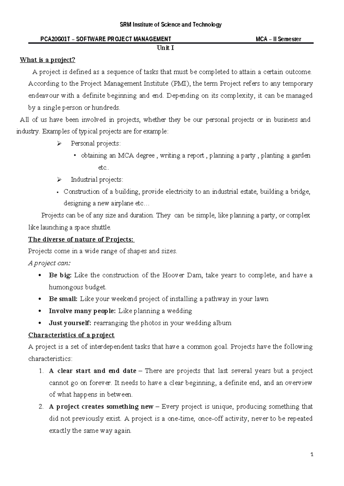PCA20G01T UNIT 1 SPM - notes - PCA20G01T – SOFTWARE PROJECT MANAGEMENT ...