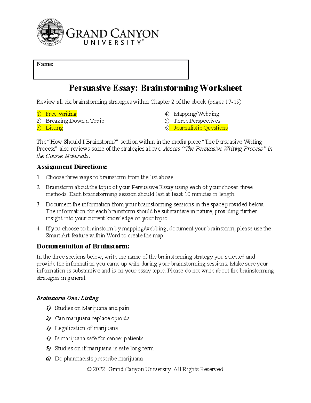 PHI105 T2 Brainstorming Worksheet - Name: Persuasive Essay ...