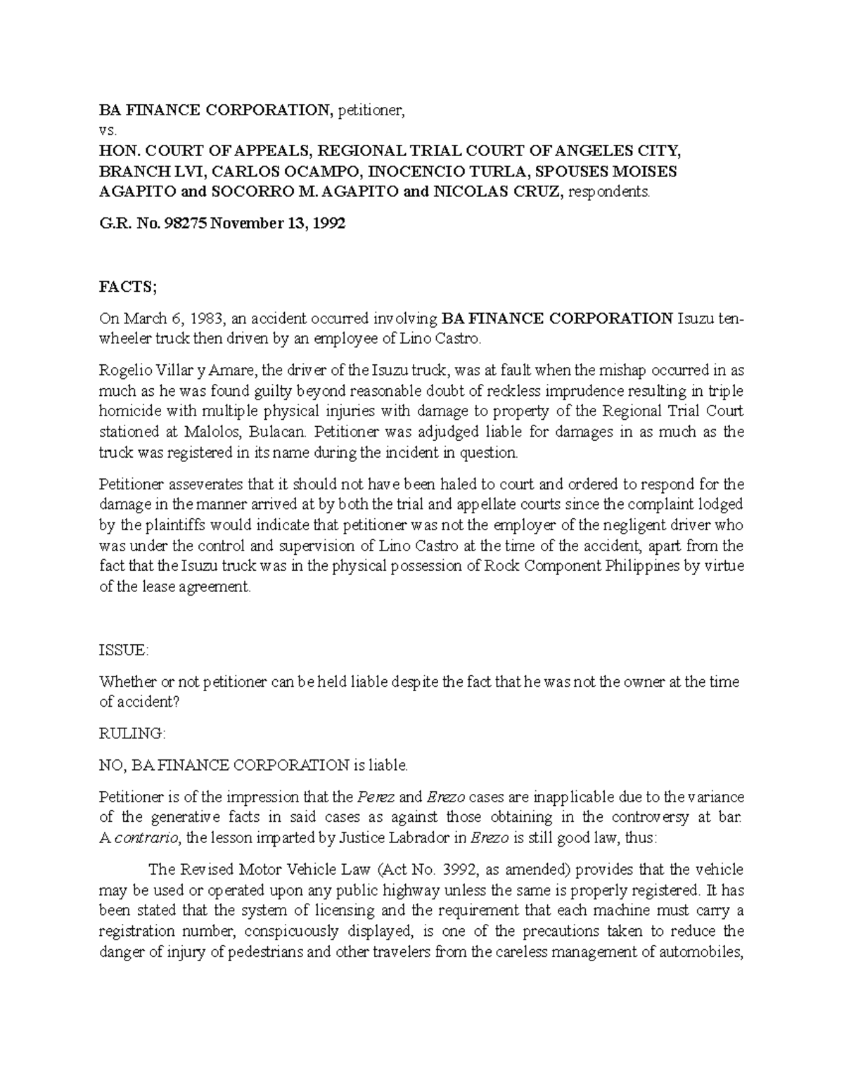 B.A. finance vs. CA - case digest - BA FINANCE CORPORATION, petitioner ...