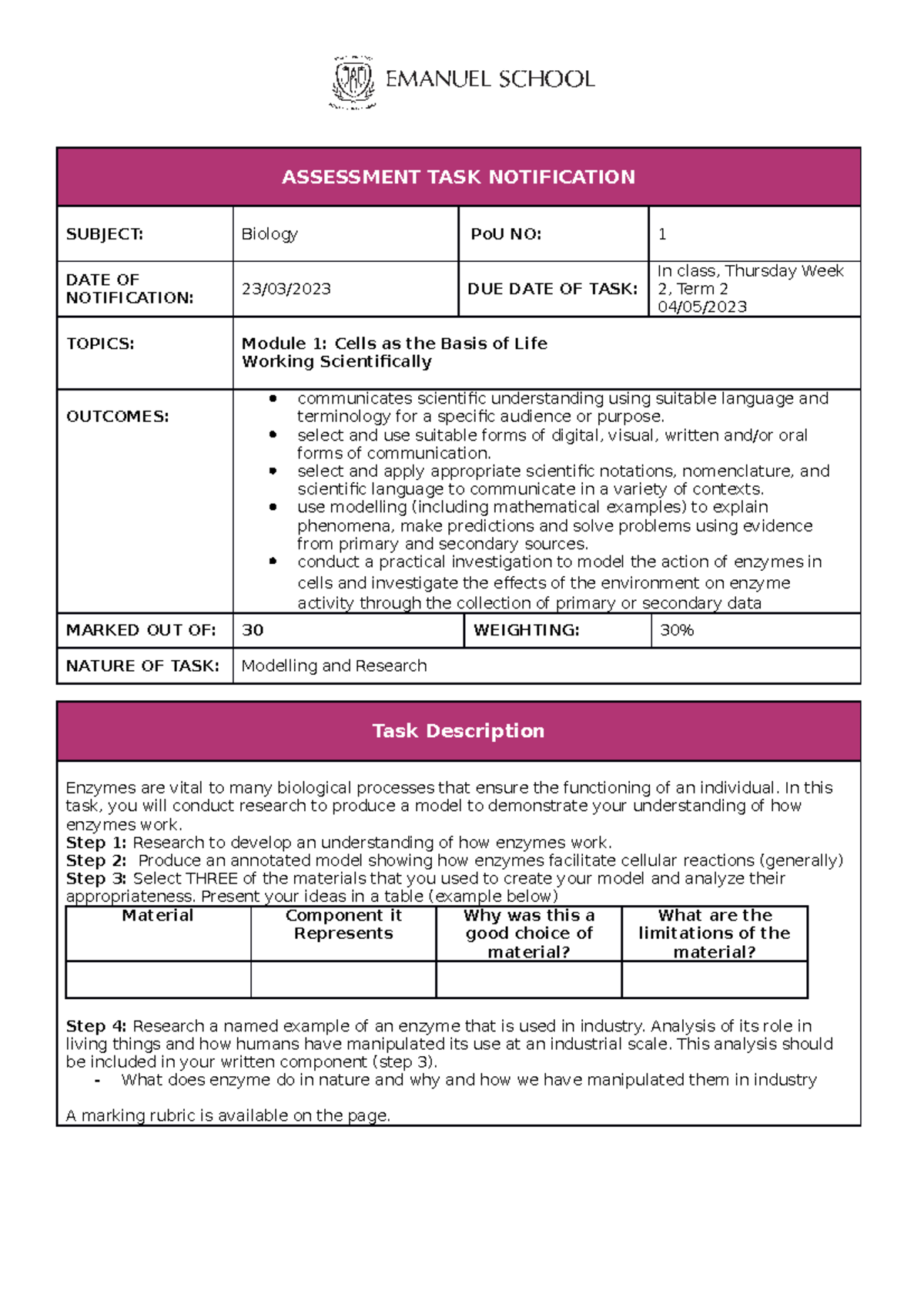 11 Bio 2023 - study notes on hospitality - ASSESSMENT TASK NOTIFICATION ...