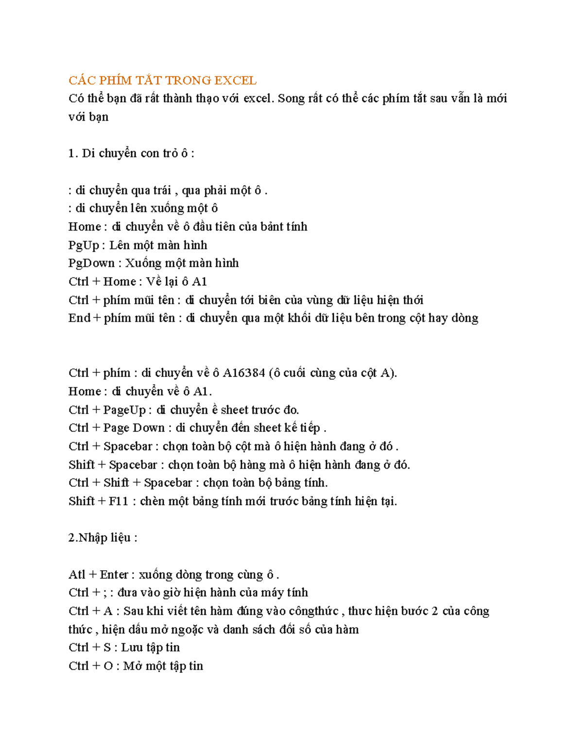 TTL cac phim tat trong excel - CÁC PHÍM TẮT TRONG EXCEL Có thể bạn đã ...