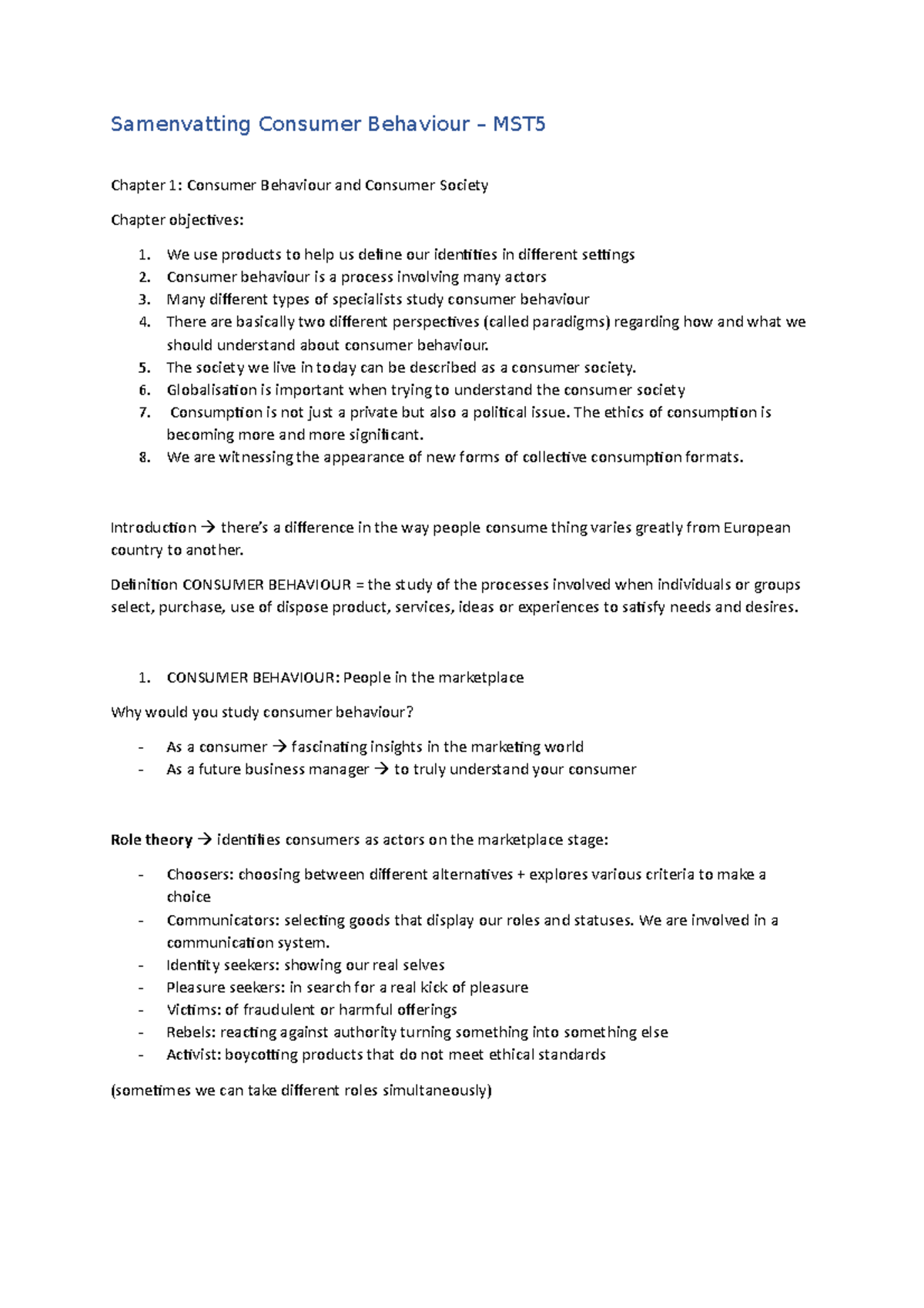 Chapter 1 Consumer Behaviour Samenvatting Consumer Behaviour Mst