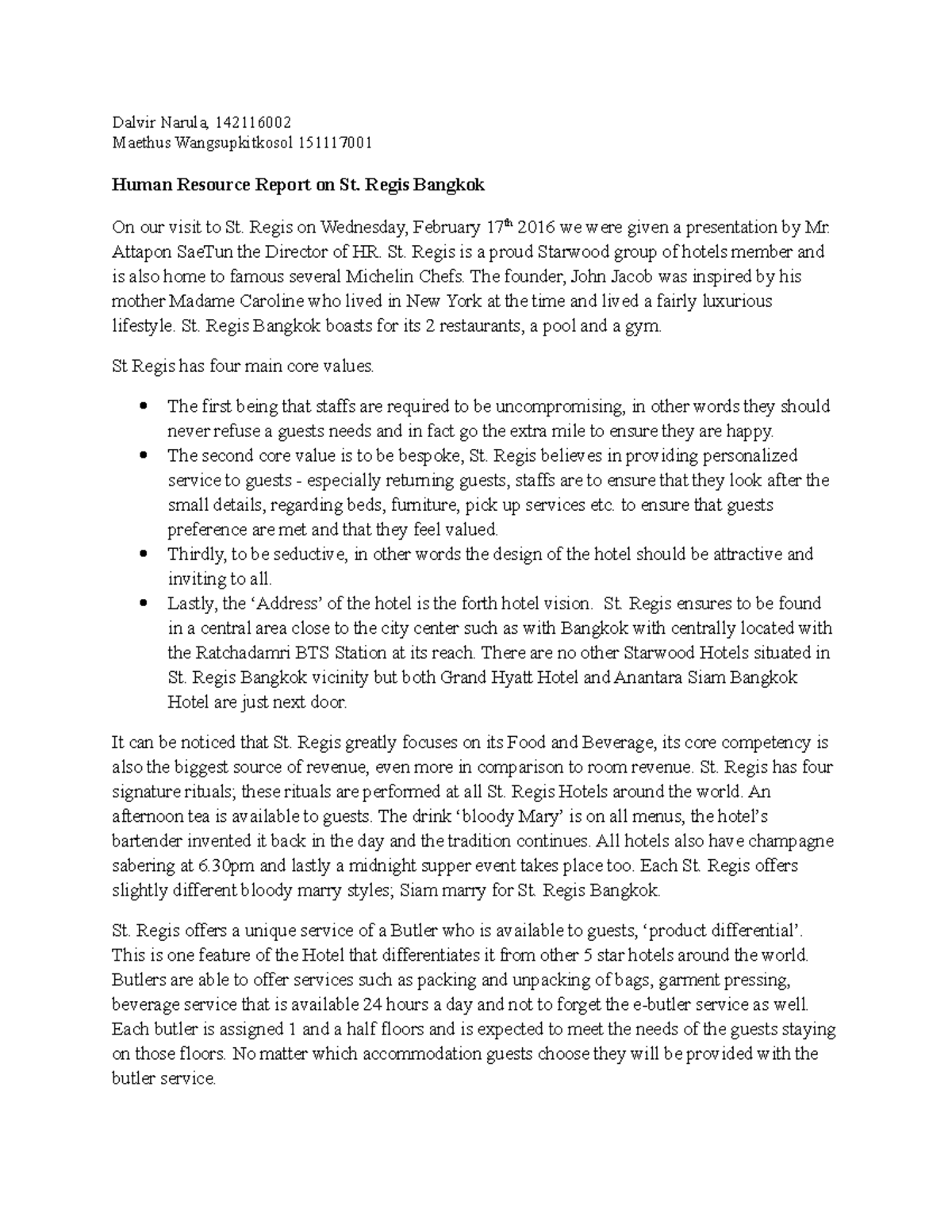 HR St Regis - Dalvir Narula, 142116002 Maethus Wangsupkitkosol ...
