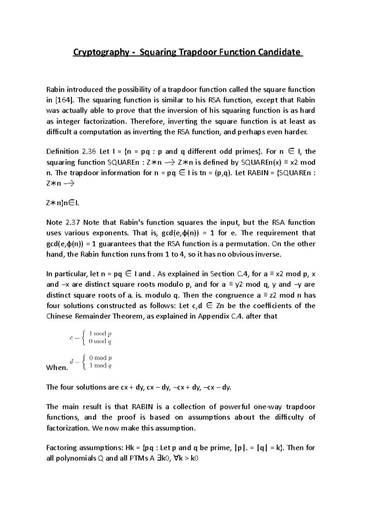 Cryptography - Squaring Trapdoor Function Candidate - The squaring function is similar to his ...