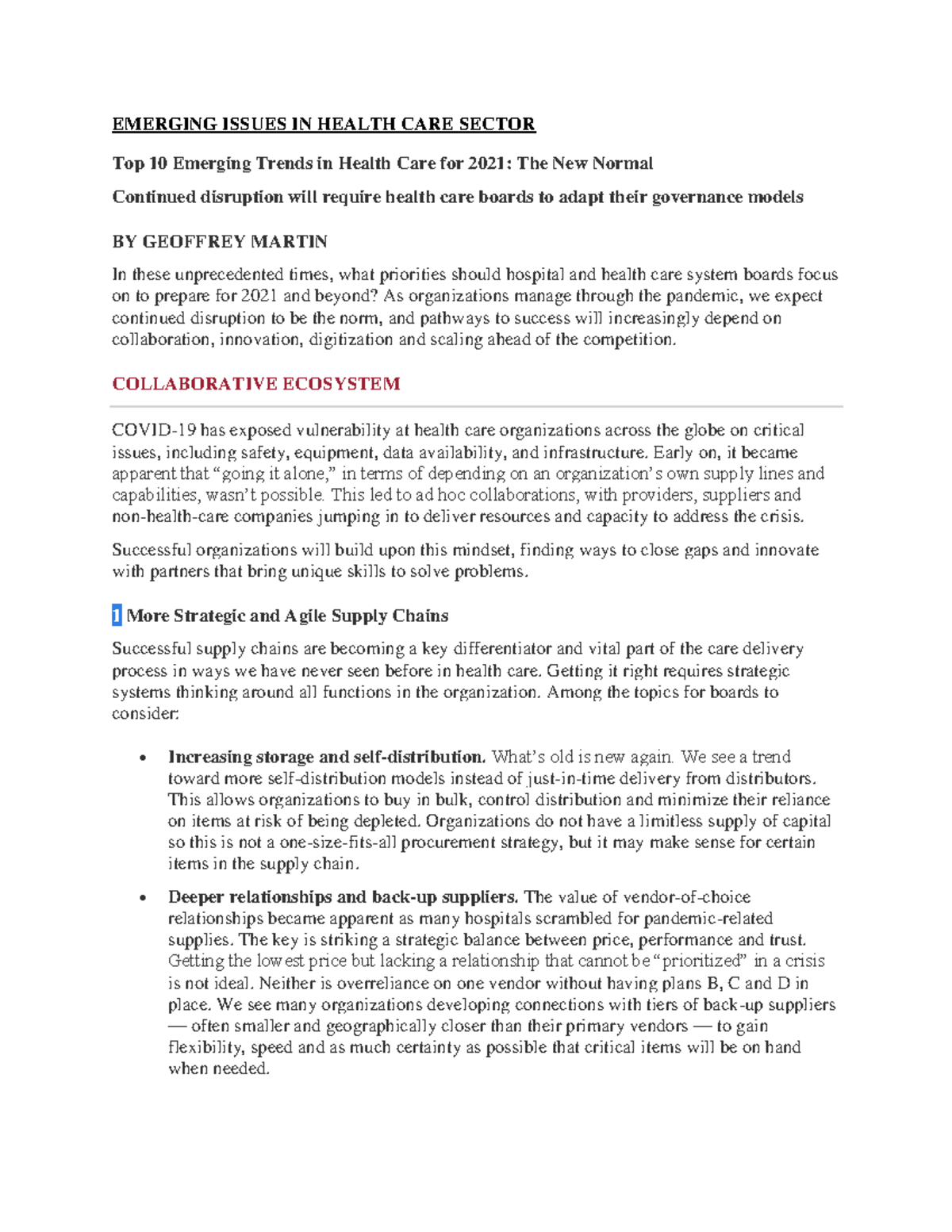 Emerging Issues IN Health CARE Sector - EMERGING ISSUES IN HEALTH CARE ...