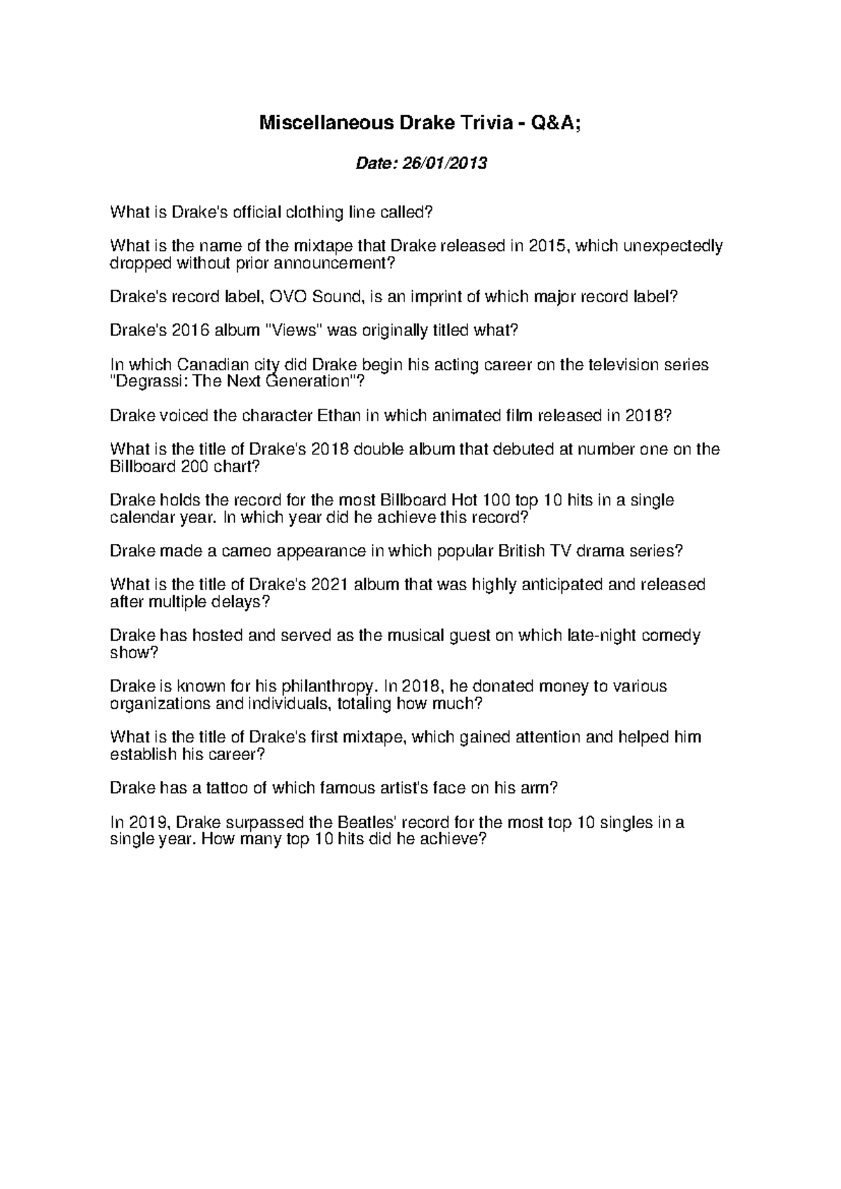 Miscellaneous Drake Trivia Q&A 11 - Miscellaneous Drake Trivia - Q ...