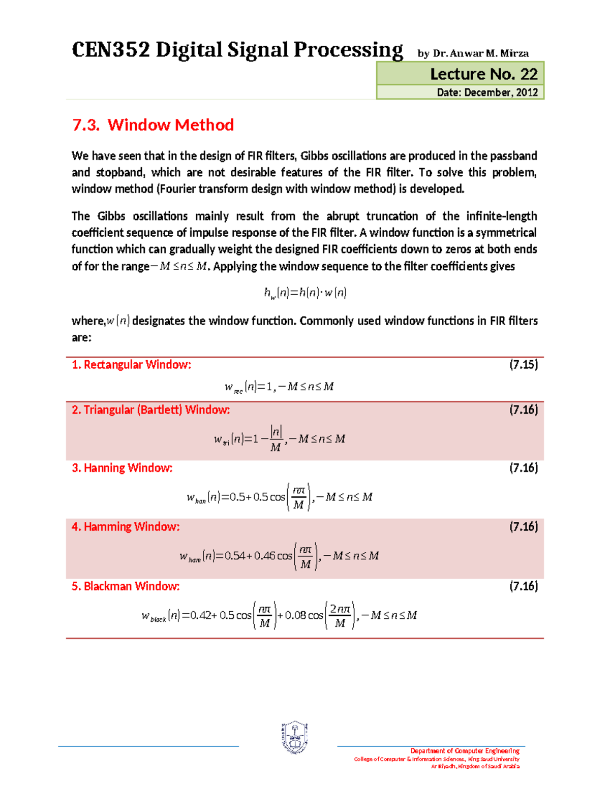Lecture 22 Digital Filters 04 0 - Lecture No. 22 Date: December, 2012 7 ...