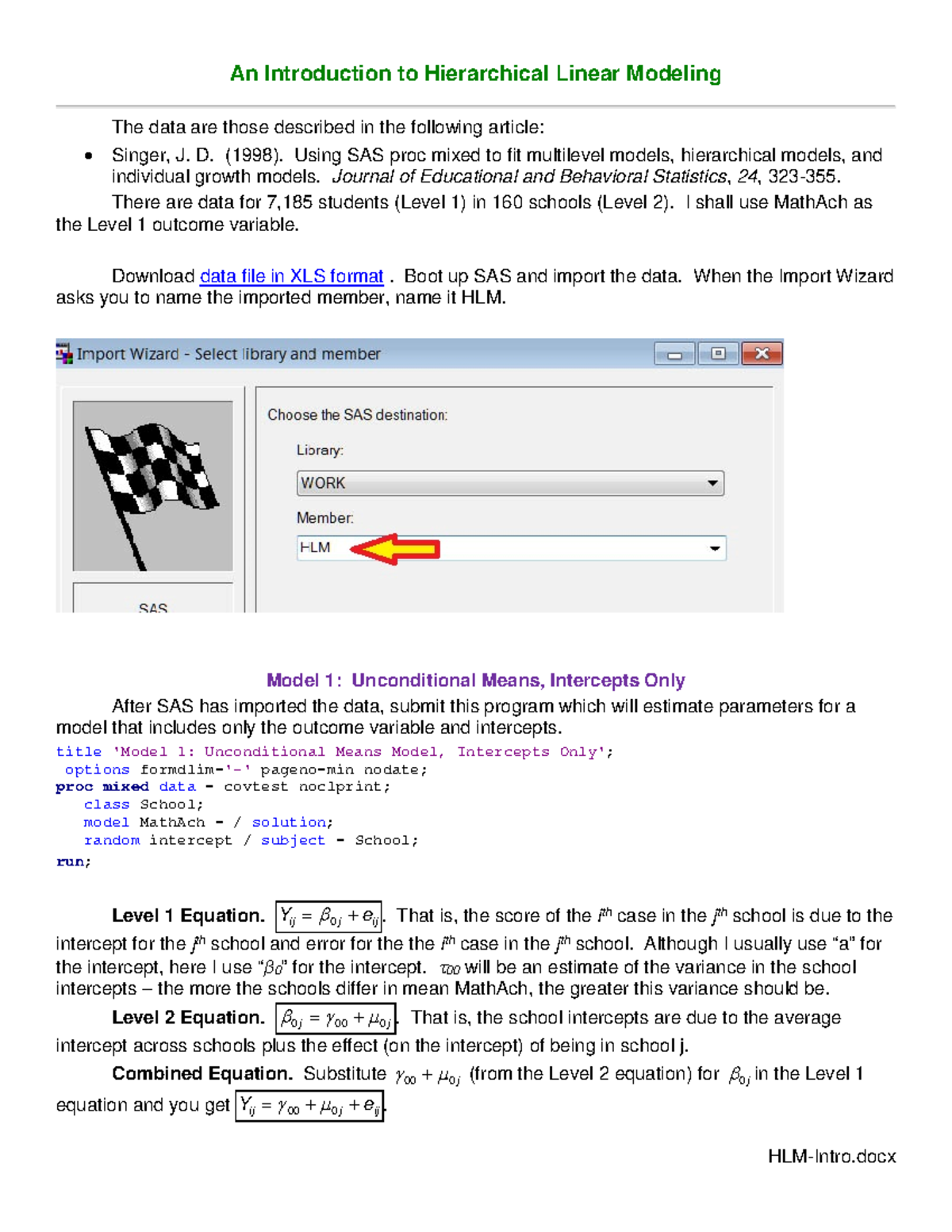 An Introduction To Hierarchical Linear Modeling D 1998 Using Sas