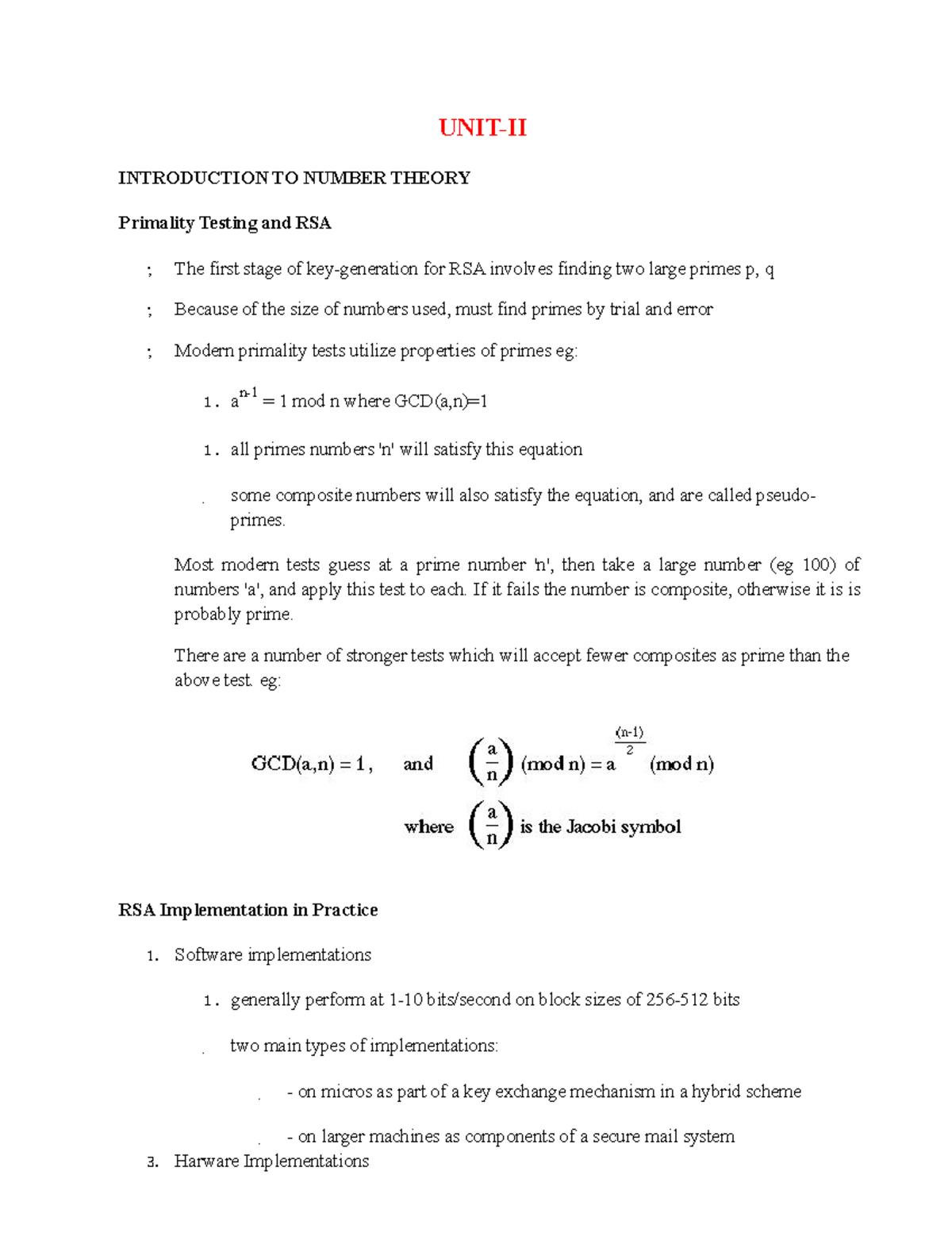 IS-unit2 - notes - UNIT-II INTRODUCTION TO NUMBER THEORY Primality ...