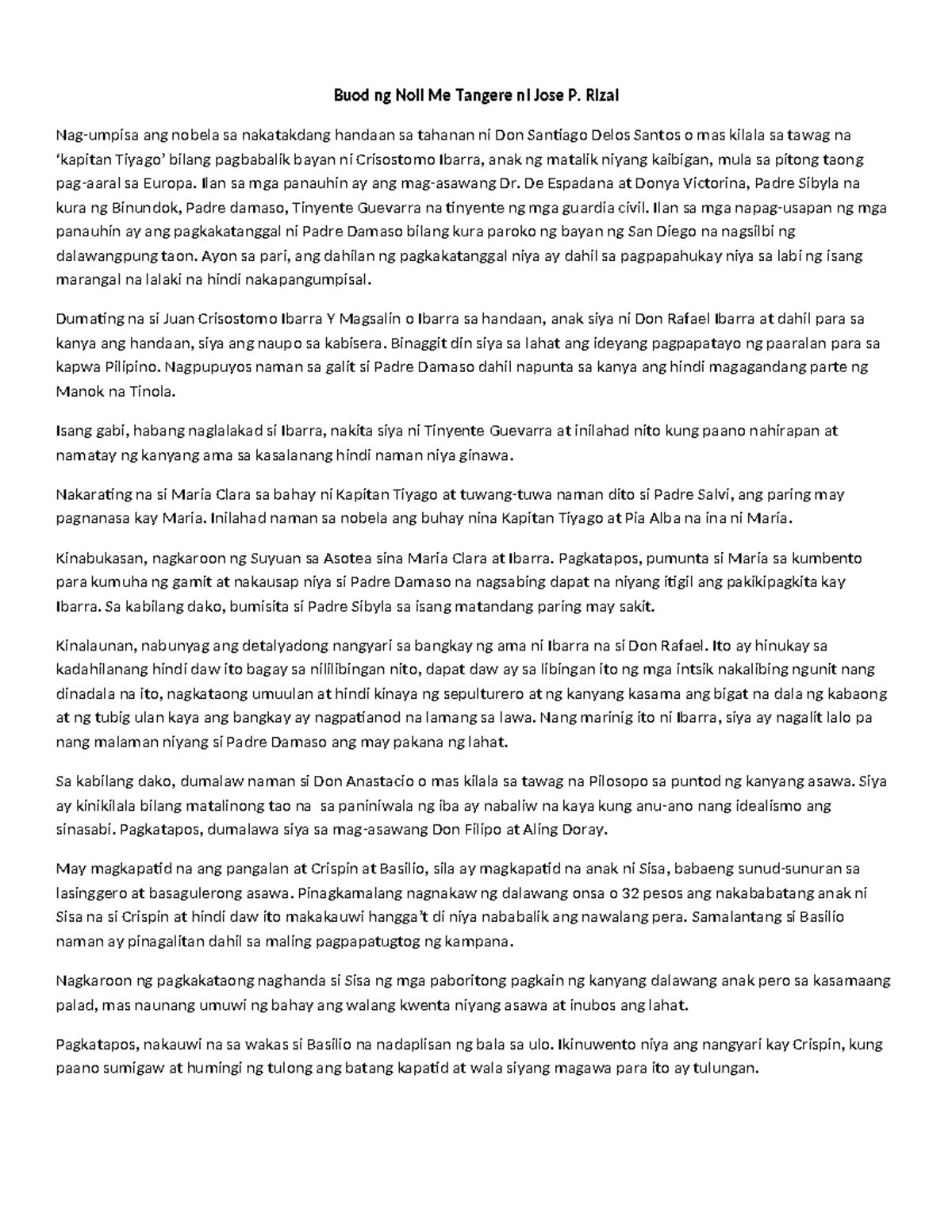 NOLI ME Tangere Summary Tagalog - Buod ng Noli Me Tangere ni Jose P ...