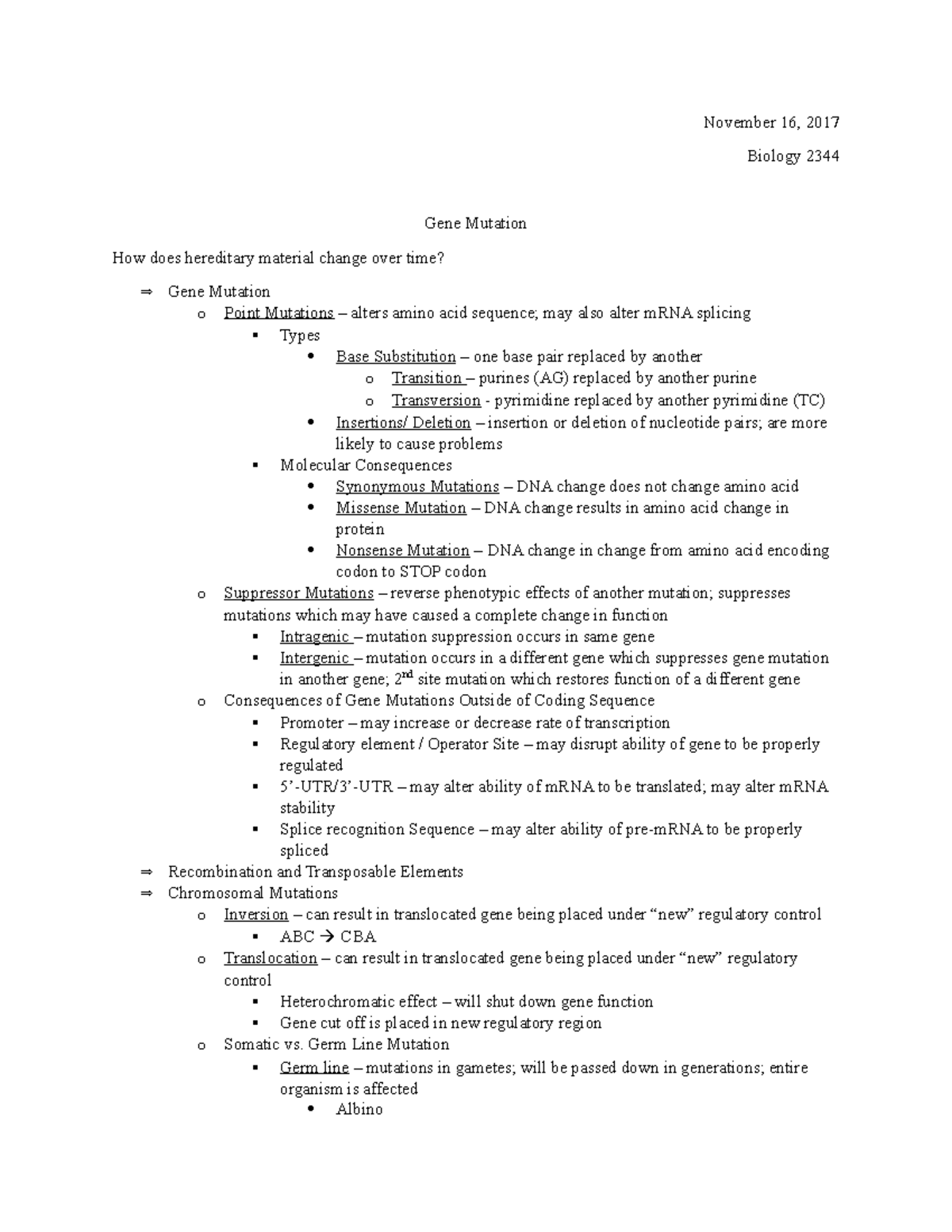 November 16 - Gene Mutation - November 16, 2017 Biology 2344 Gene ...