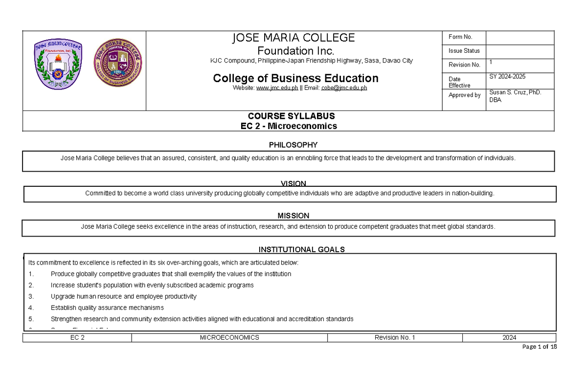 001. Syllabus Microeconomics BSEnt - JOSE MARIA COLLEGE Foundation Inc ...