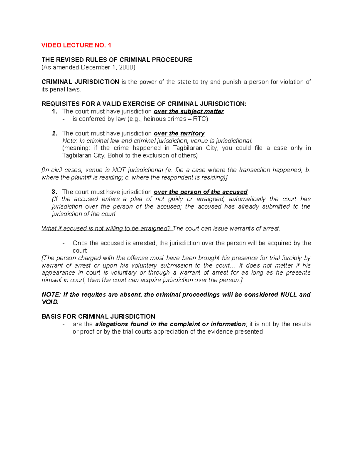Notes On Criminal Procedure Video Lecture No 1 The Revised Rules Of Criminal Procedure As