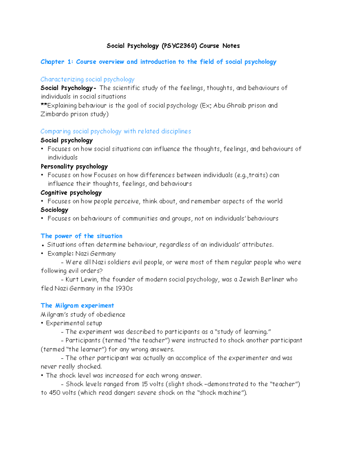 Chapter 1 2360 - Social Psychology (PSYC2360) Course Notes Chapter 1 ...