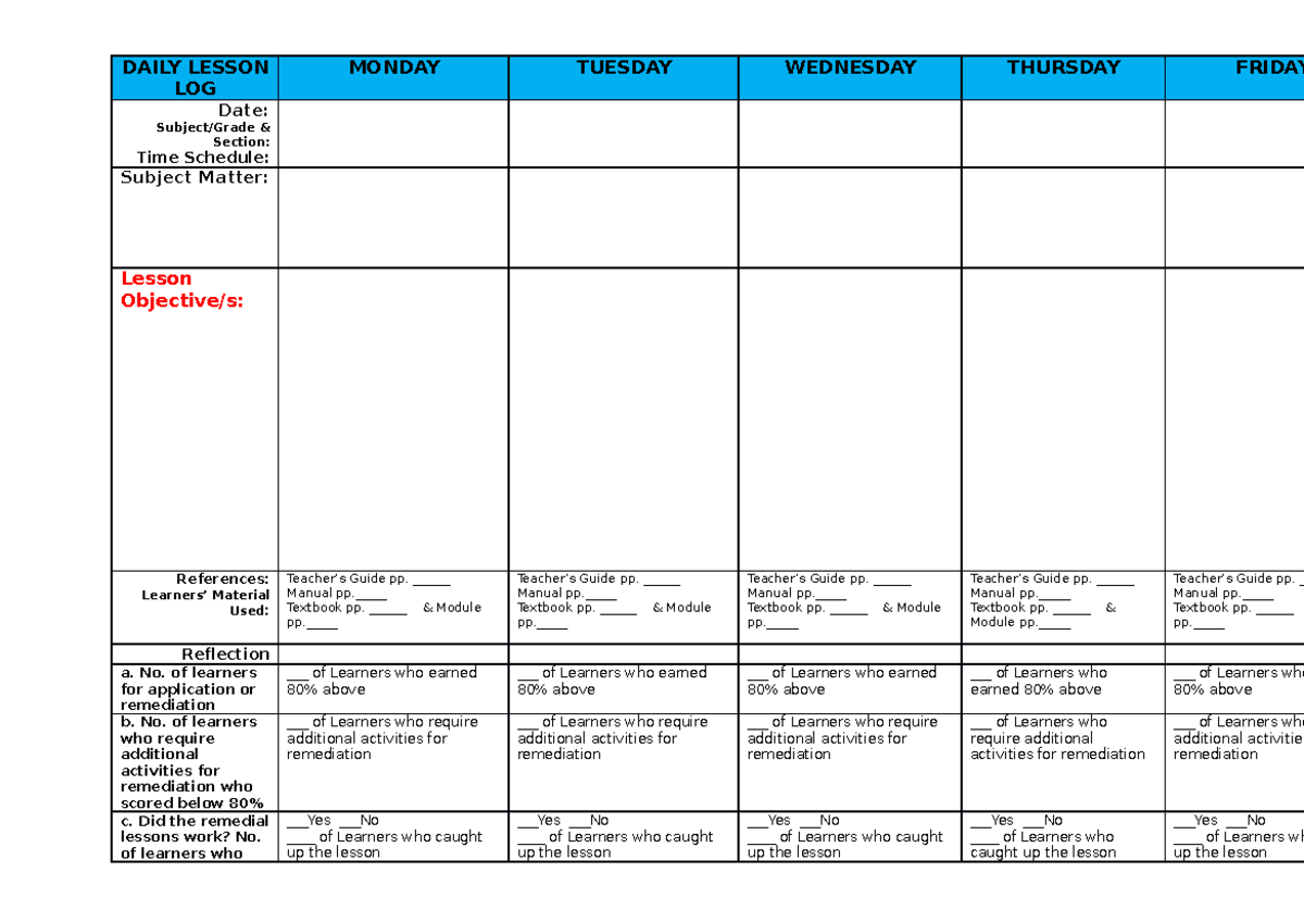 Daily Lesson LOG NEW blank - DAILY LESSON LOG MONDAY TUESDAY WEDNESDAY ...
