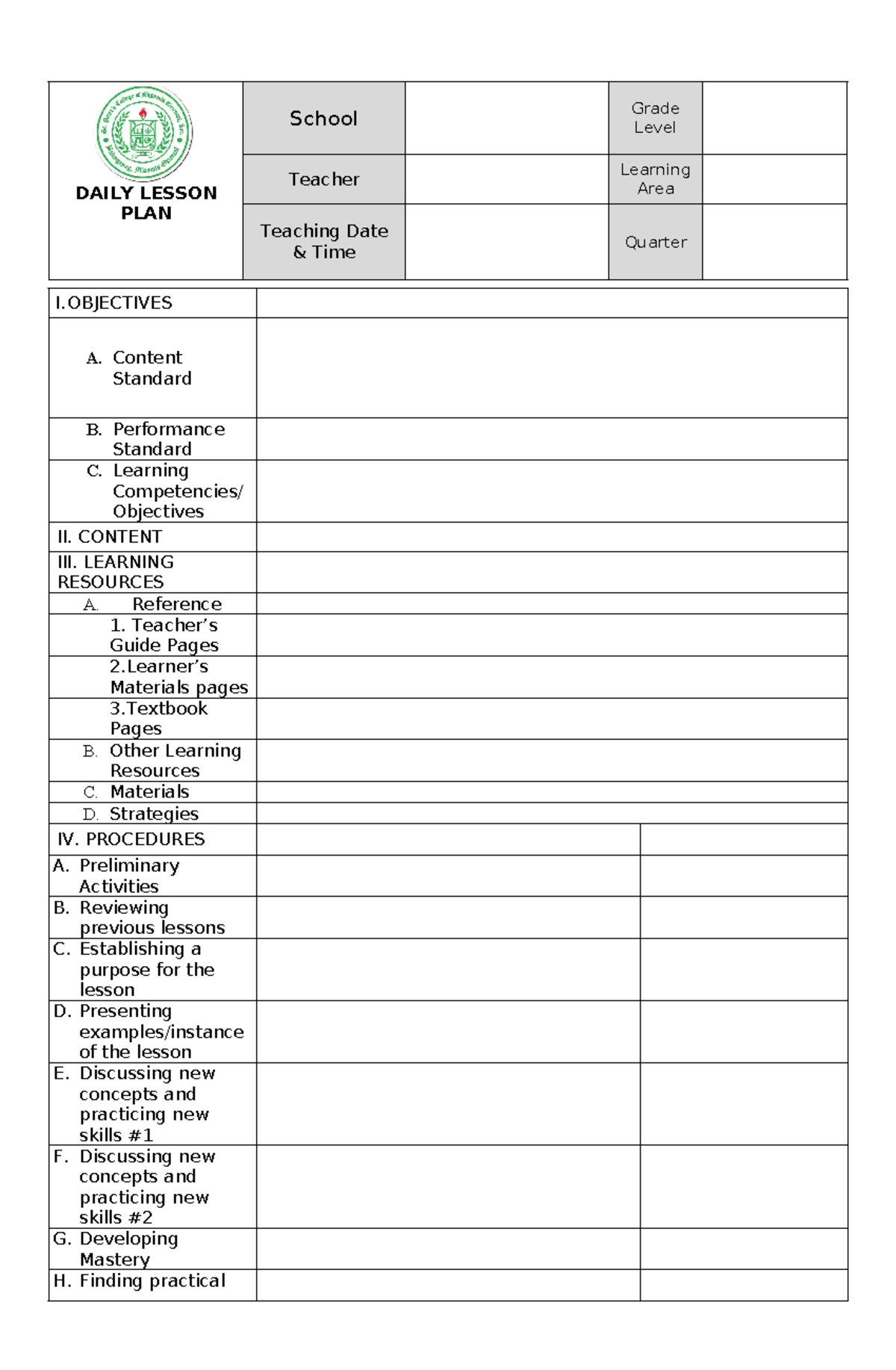 Lesson-Plan-Template - I. OBJECTIVES A. Content Standard B. Performance ...