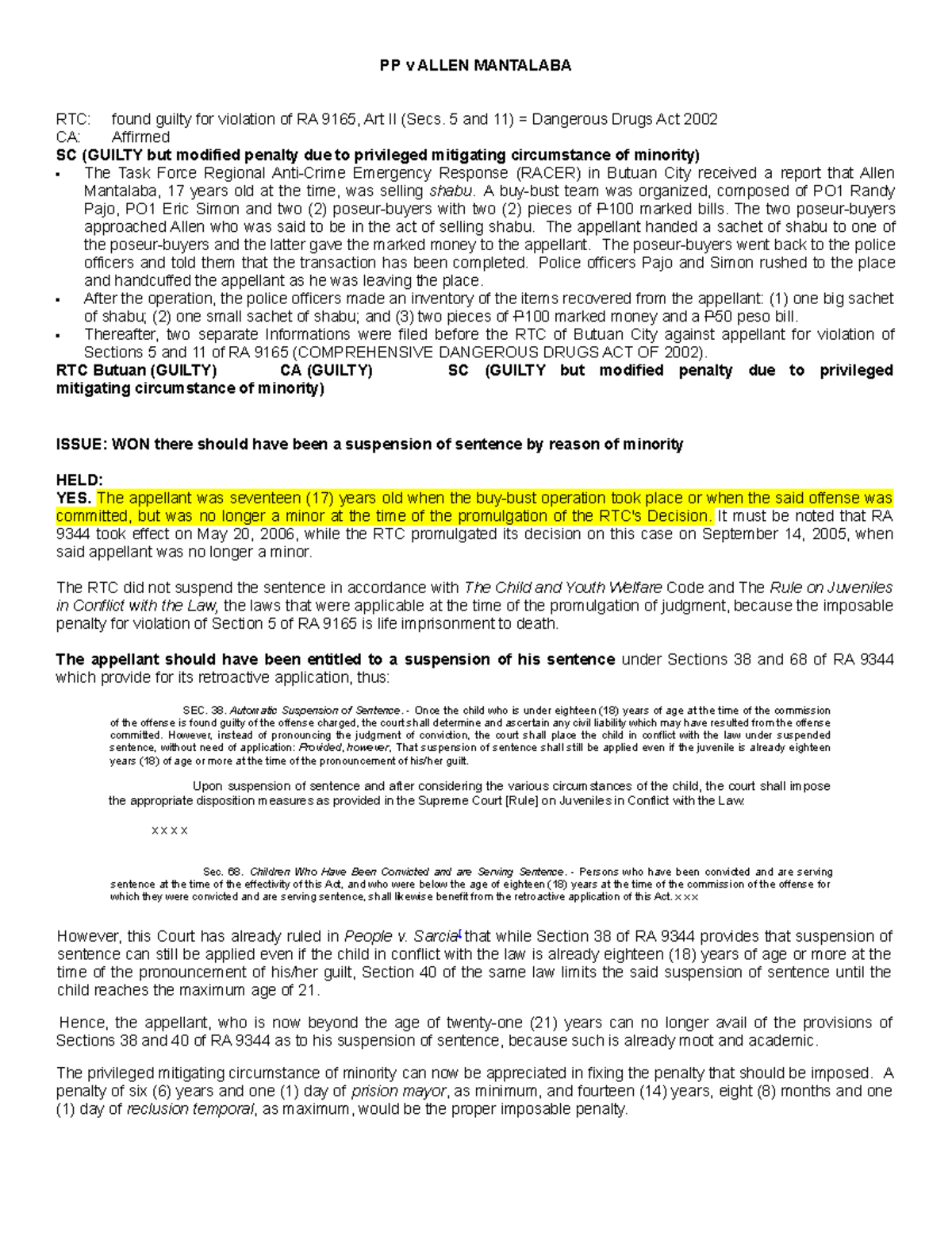 274730973 People v Mantalaba Digest - PP v ALLEN MANTALABA RTC: found ...