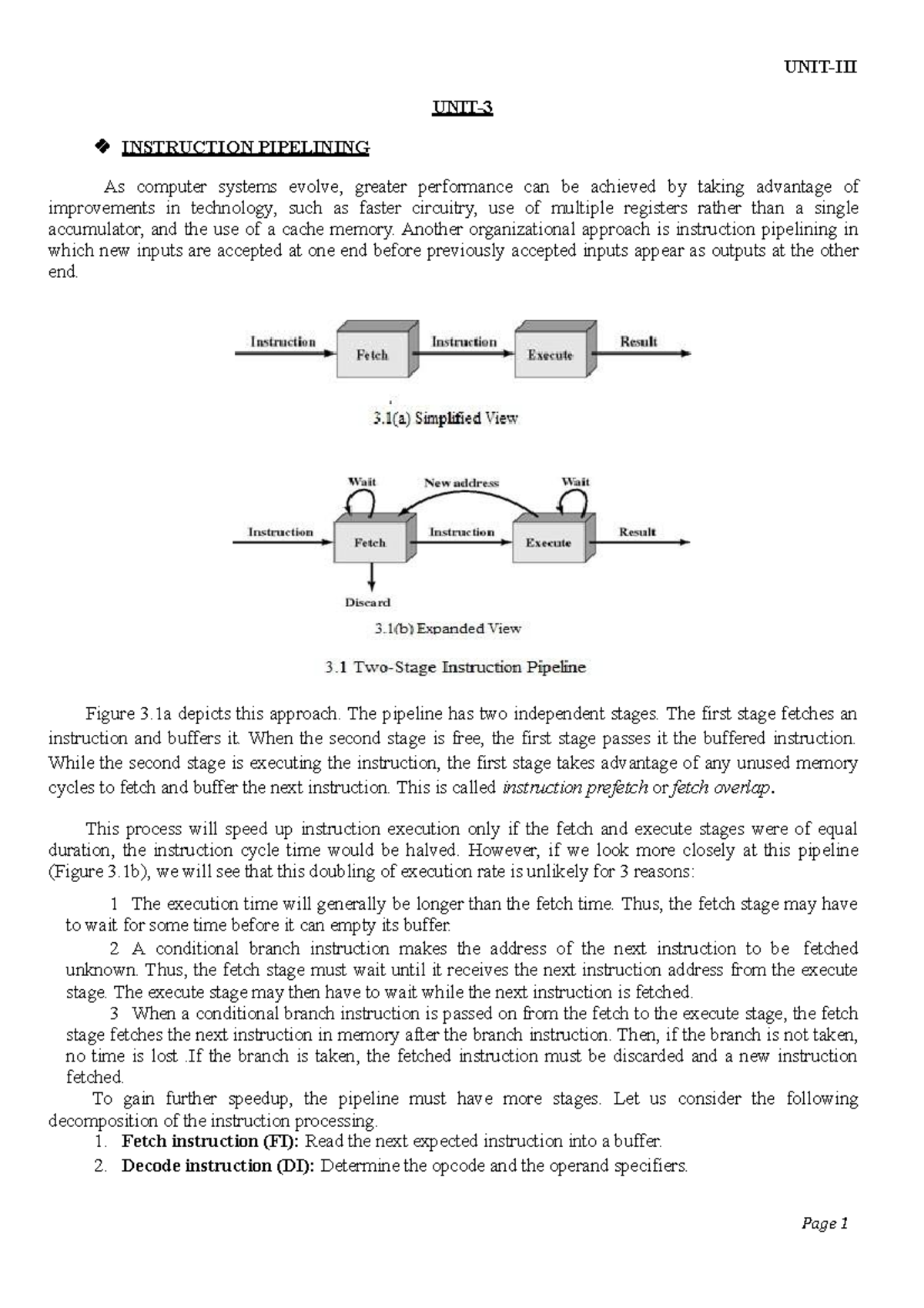 Instruction Pipelining - UNIT-III Page 1 UNIT- INSTRUCTION PIPELINING ...