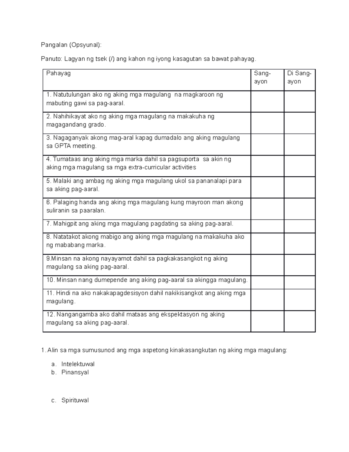Questionnaire in Sample simple Research - Pangalan (Opsyunal): Panuto ...