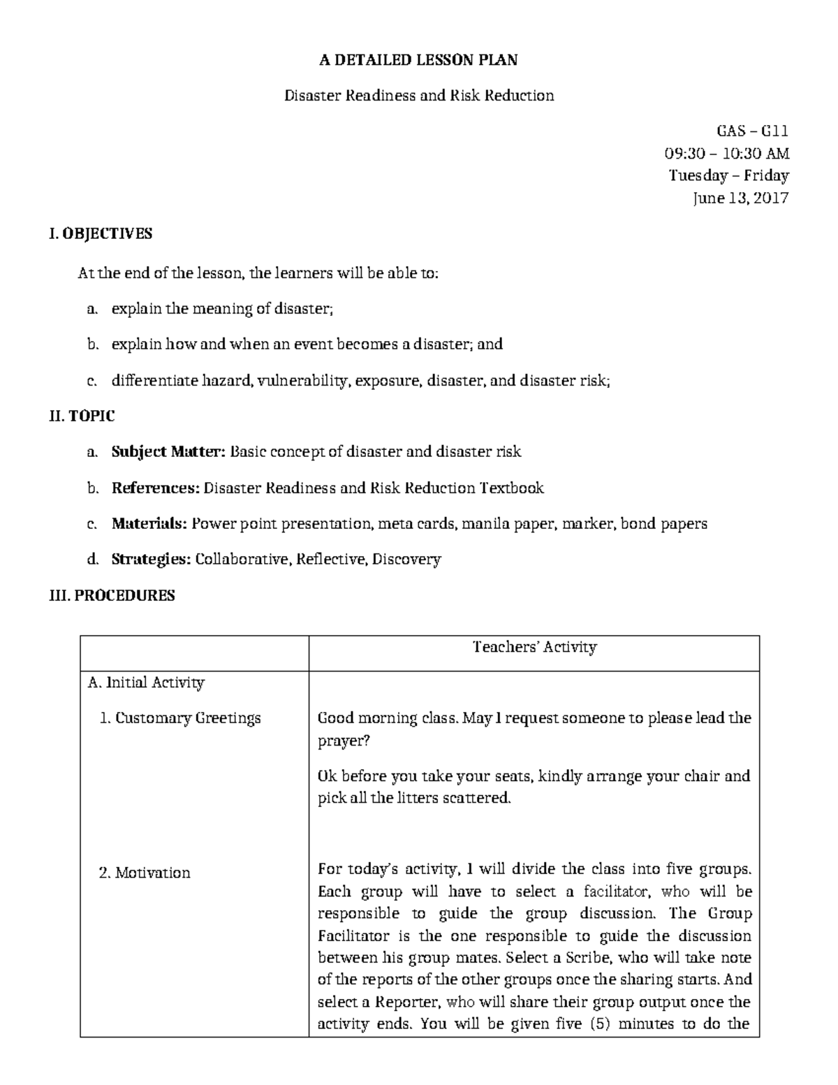 A detailed lesson plan drrr - I. OBJECTIVES A DETAILED LESSON PLAN ...