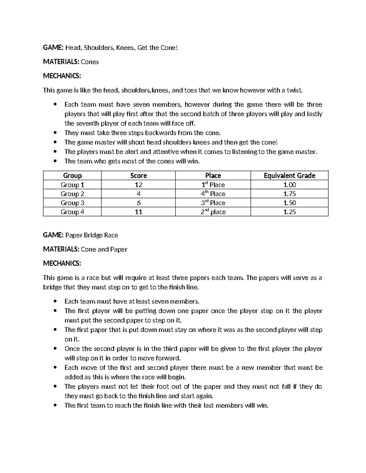 PE Games - GAME: Head, Shoulders, Knees, Get the Cone! MATERIALS: Cones ...