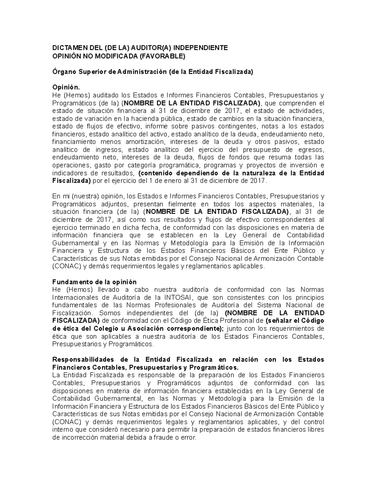 Modelo Dictamen Dictamen Del De La Auditor A Independiente Opinión