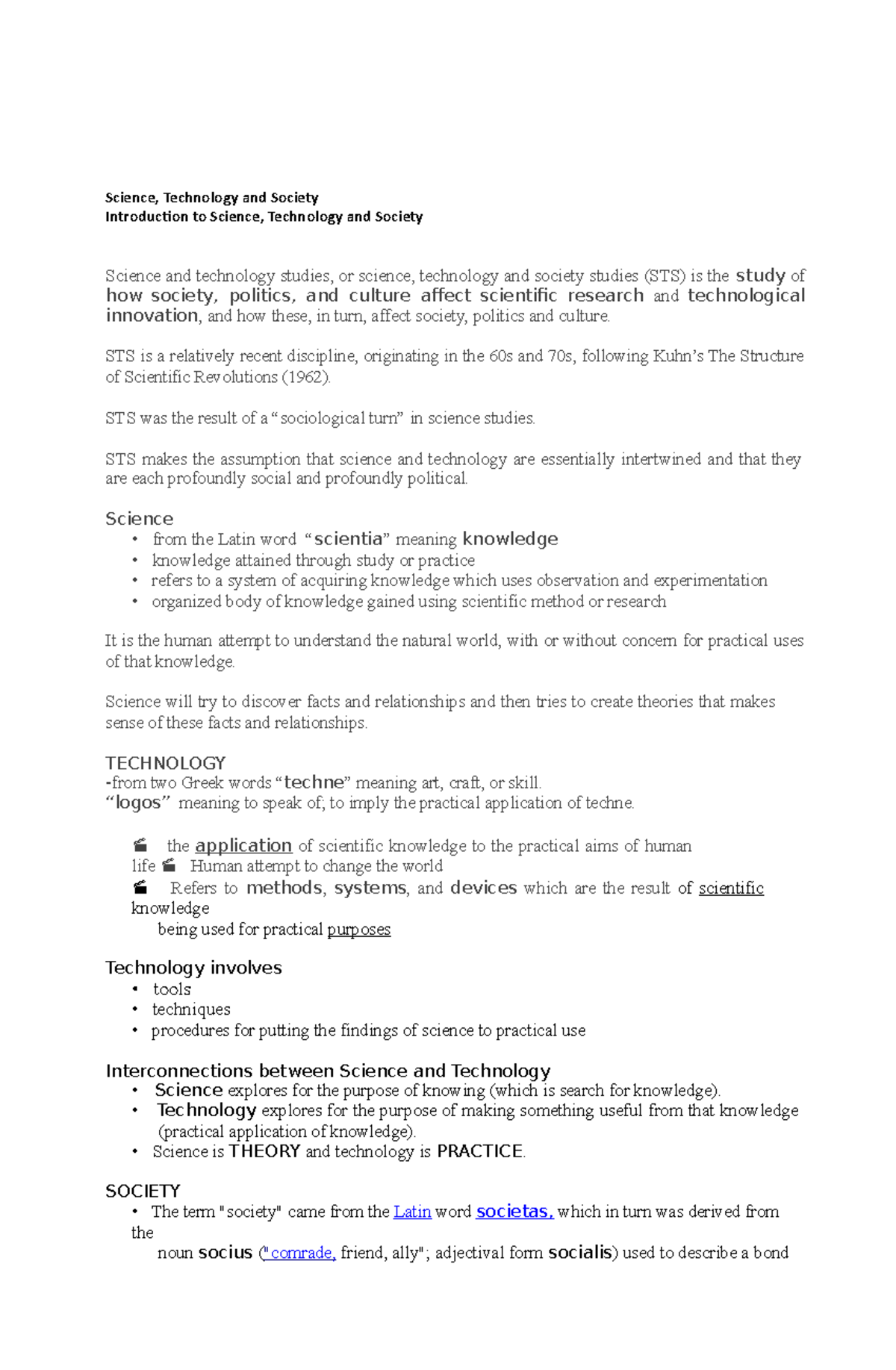 Handout Introduction to STS - Science, Technology and Society ...