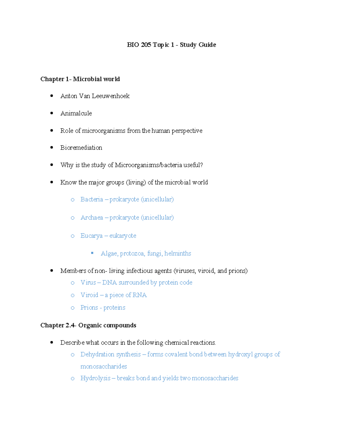 BIO 205 Quiz 1 - Study Guide - BIO 205 Topic 1 - Study Guide Chapter 1 ...
