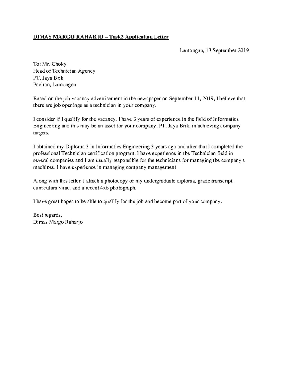 Application letter - dimas - DIMAS MARGO RAHARJO – Task2 Application ...