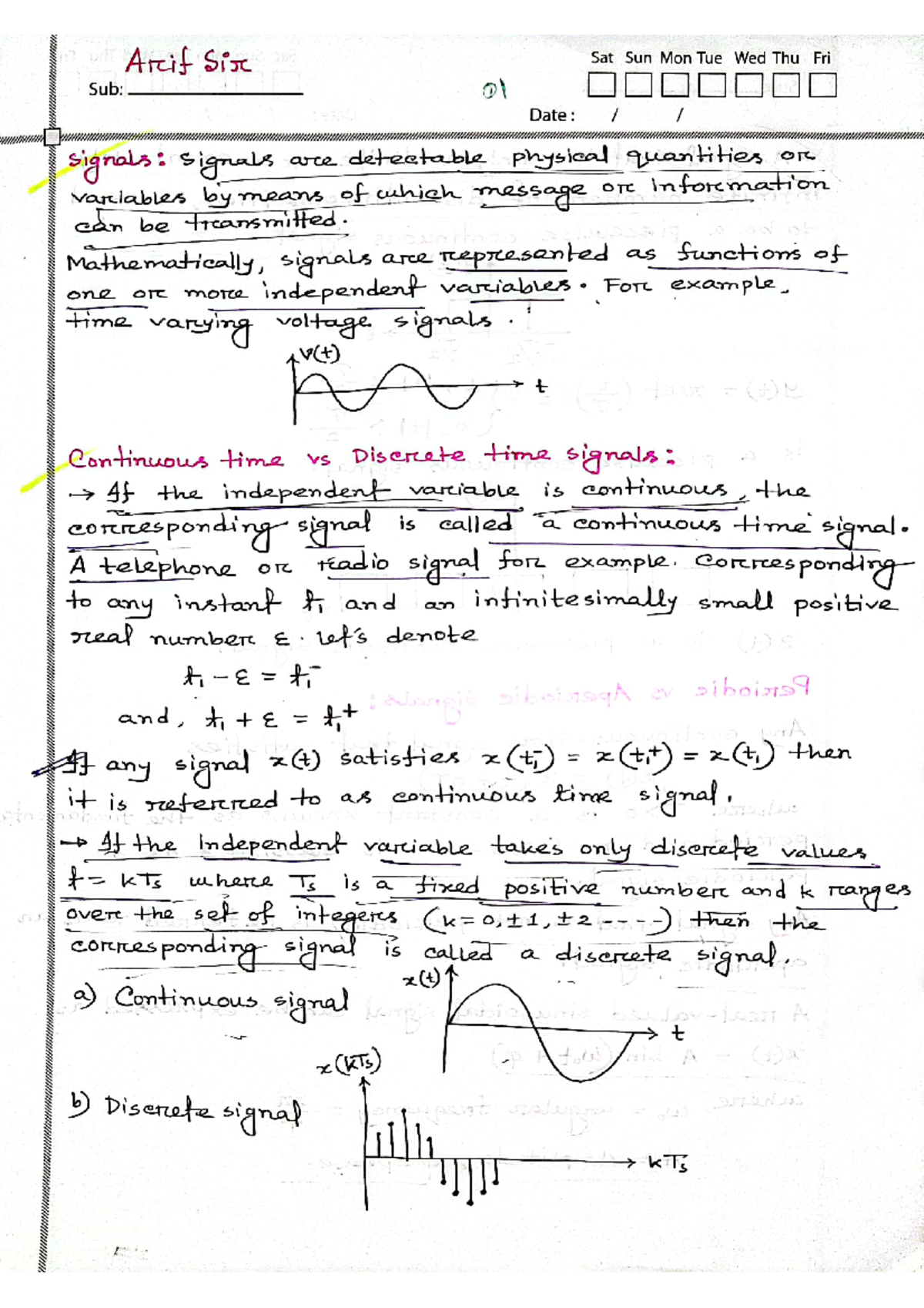 Signal and system note - Arif Sir Sat Sun Mon Tue Wed Thu Fri Sub: 01 ...