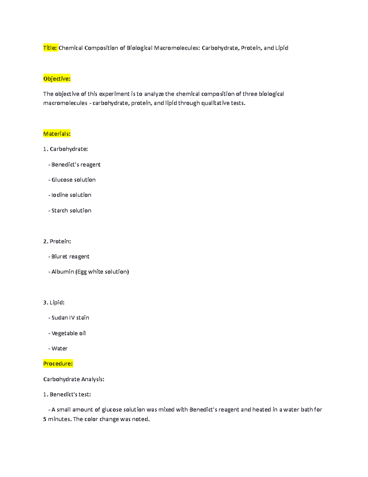 Lab no. 5 - Title: Chemical Composition of Biological Macromolecules ...