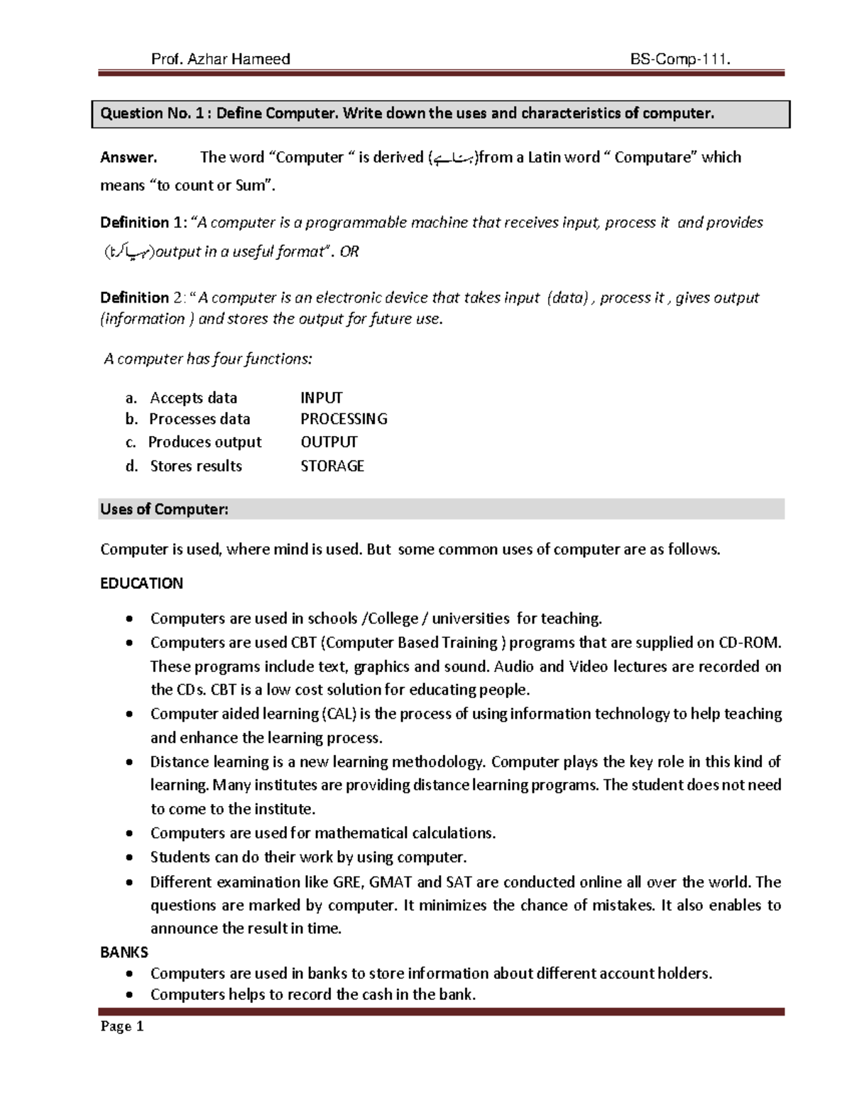 Introduction to Computer-by-Azhar-Hameed - Question No. 1 : Define Computer. Write down the uses ...