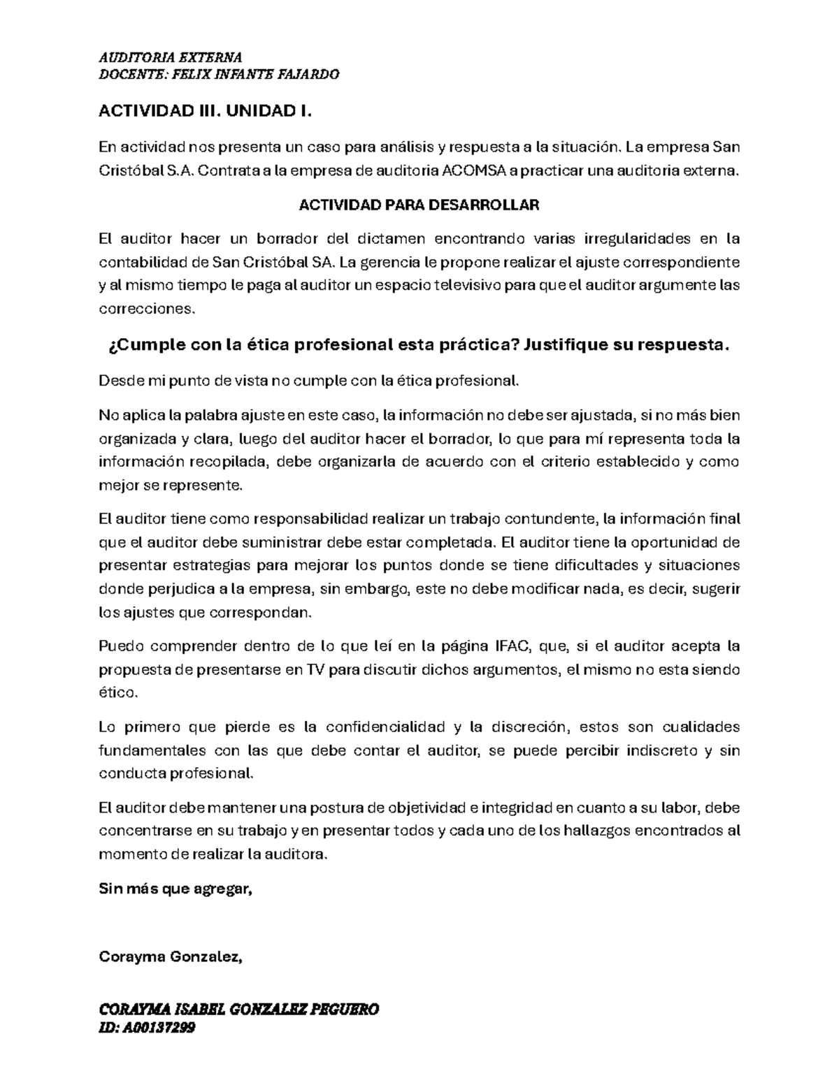 -Entregable Unidad I - AUDITORIA EXTERNA DOCENTE: FELIX INFANTE FAJARDO ...