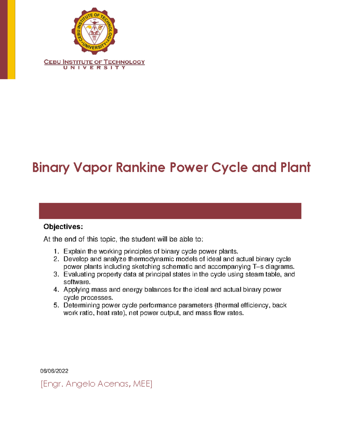 Topic-8 Binary-Vapor-Rankine-Power-Cycle-and-Plant - 06/06/ [Engr ...