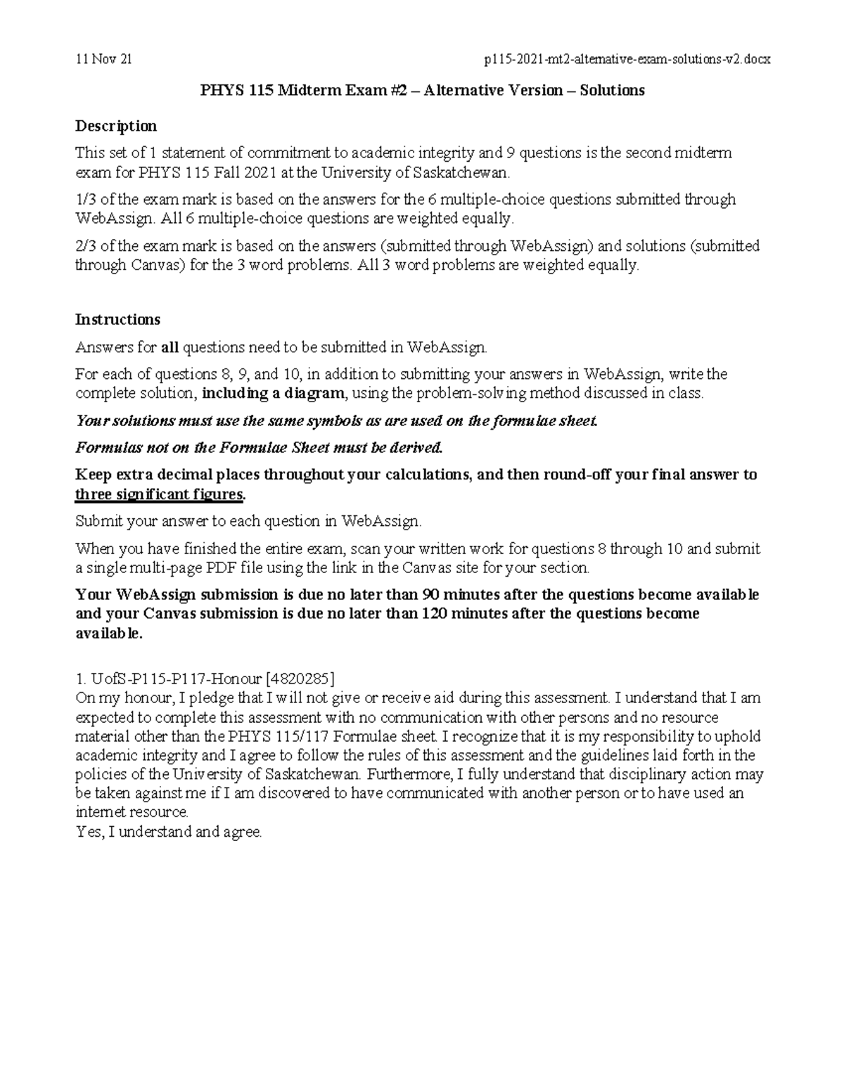 P115-2021-MT2-Alternative-Exam-Solutions - Copy - PHYS 115 Midterm Exam ...