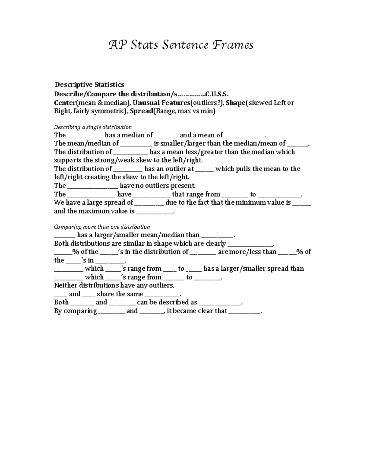 Ap stats sentence frames-1 - AP Stats Sentence Frames Descriptive ...