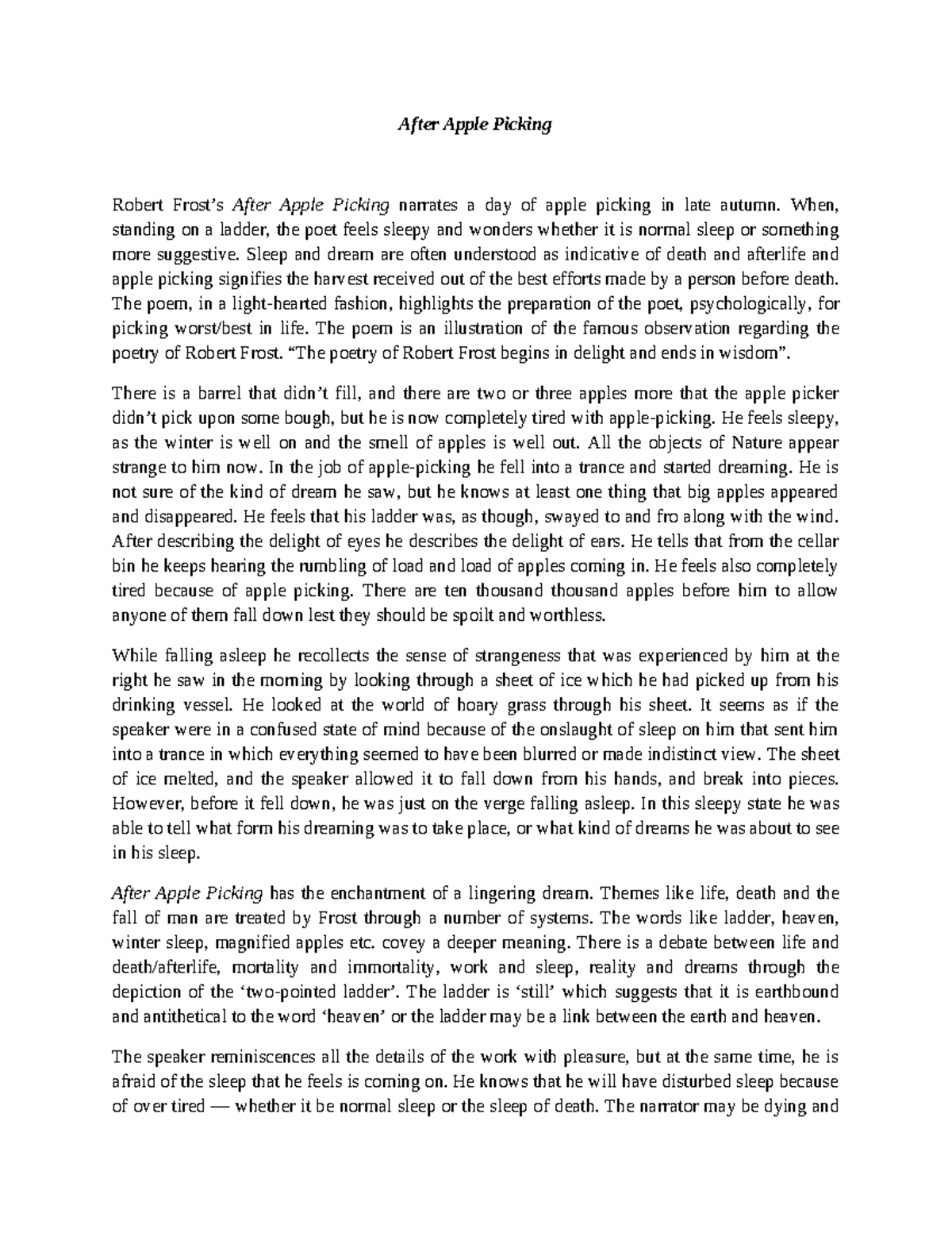 After Apple Picking - Story - After Apple Picking Robert Frost’s After ...