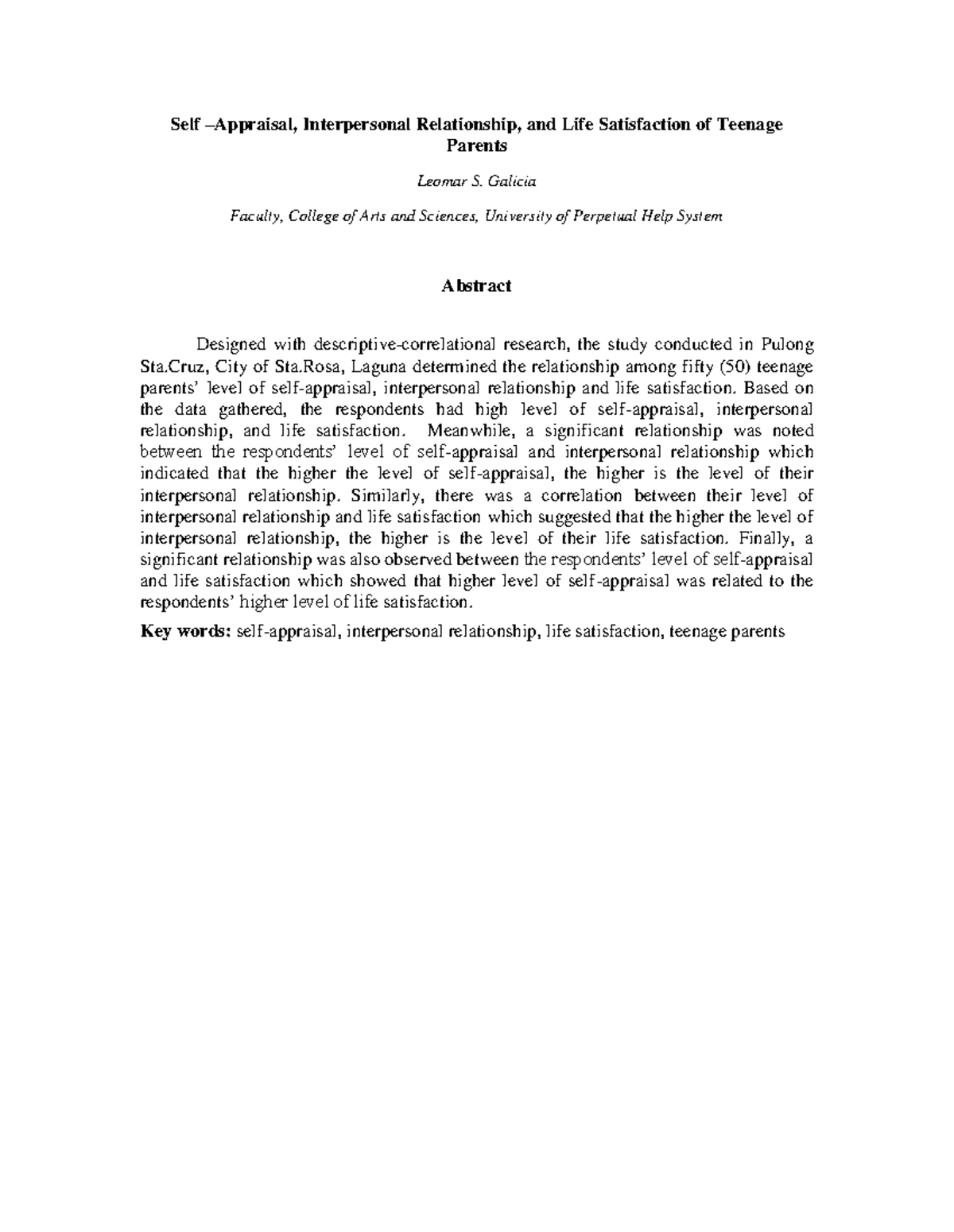 Self –Appraisal, Interpersonal Relationship, and Life Satisfaction of ...