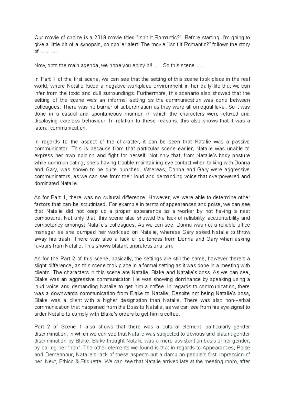 Script for ELC - Our movie of choice is a 2019 movie titled “Isn’t It Romantic?”. Before ...