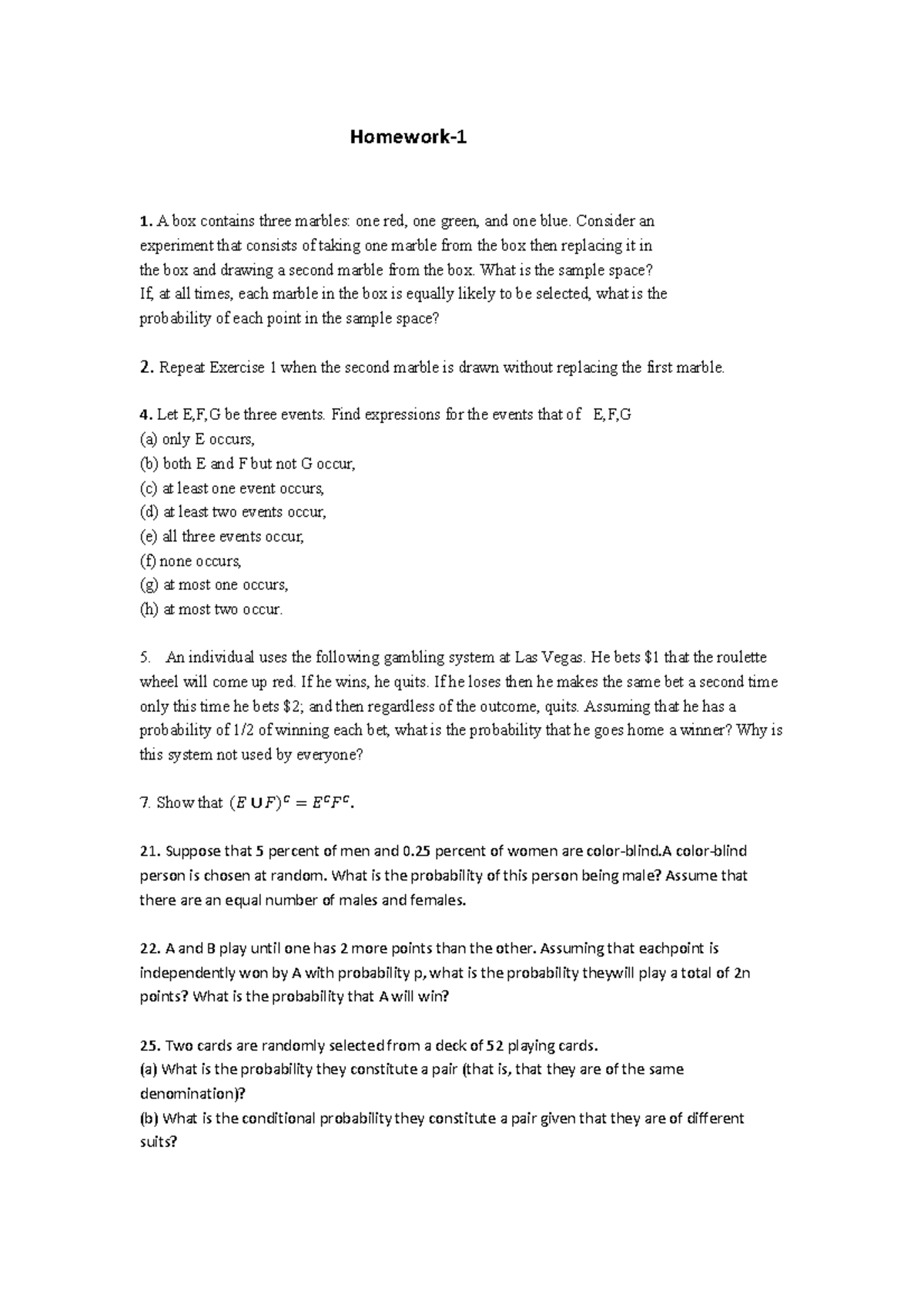 Homework-1 - Database Assignment - Homework- A box contains three marbles: one red, one green ...